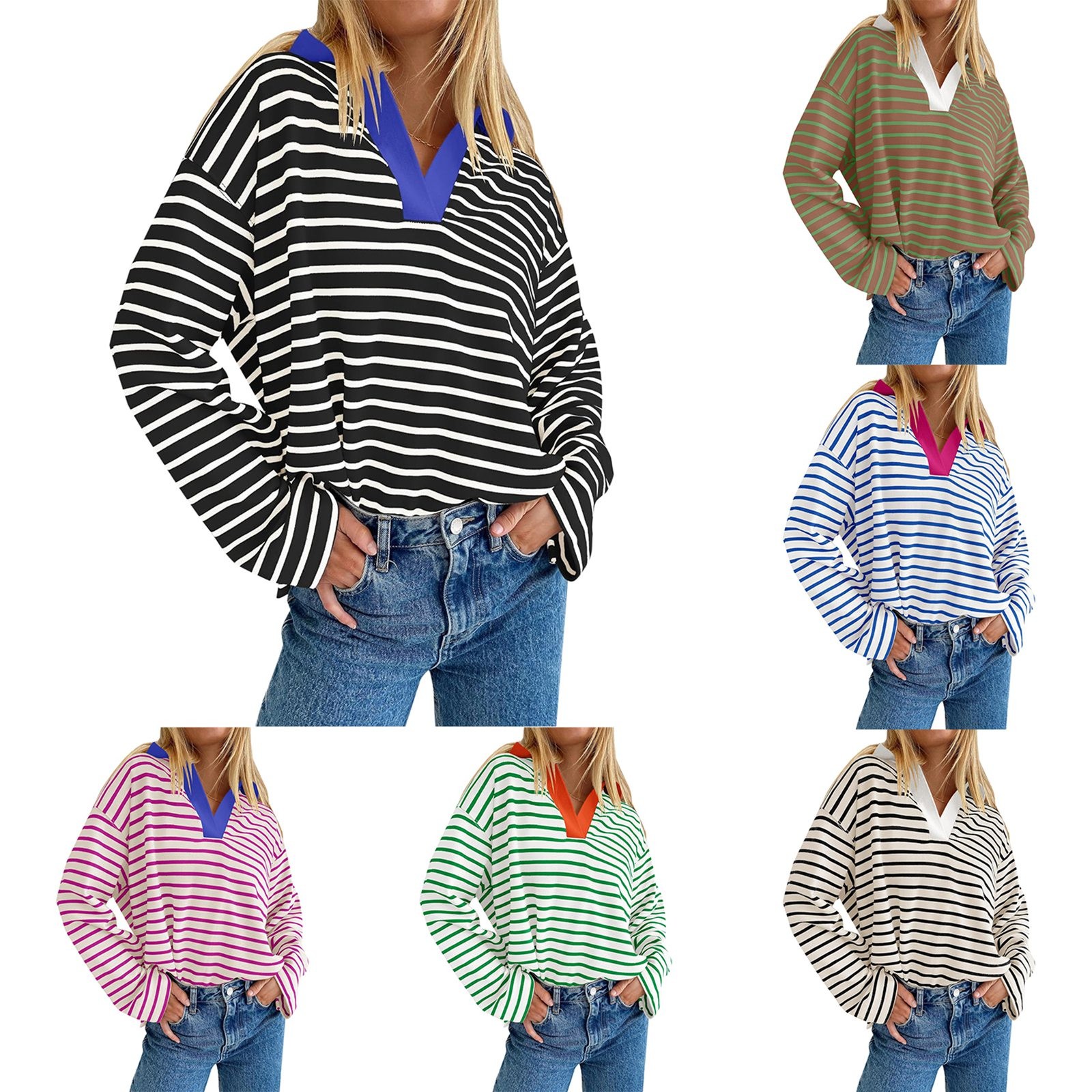 Women Blouses Fashionable Striped Long Sleerainbowe Rainbow Neck Top ...