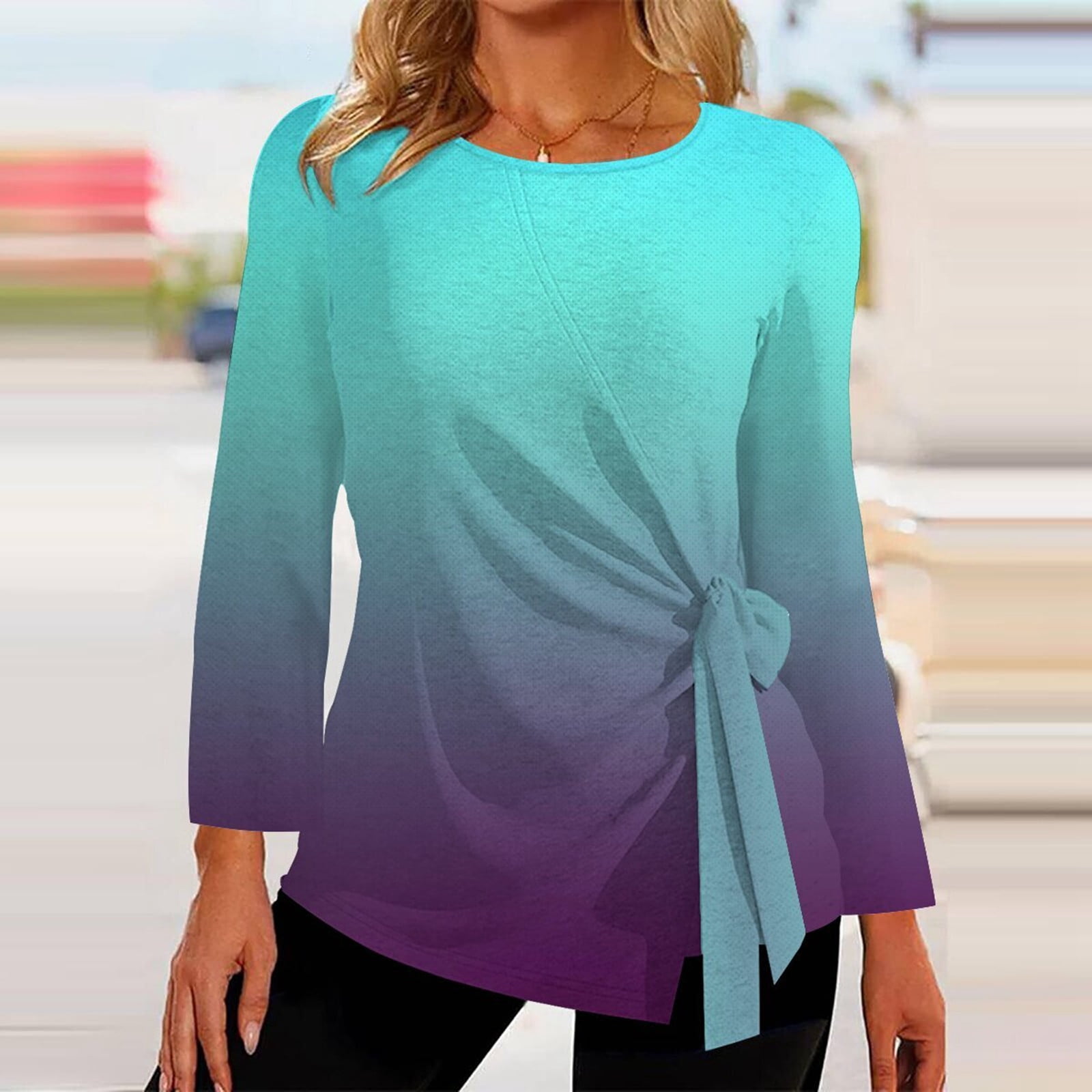 Women Blouses Floral Print Round Neck Long Sleerainbowe Gradient Top ...