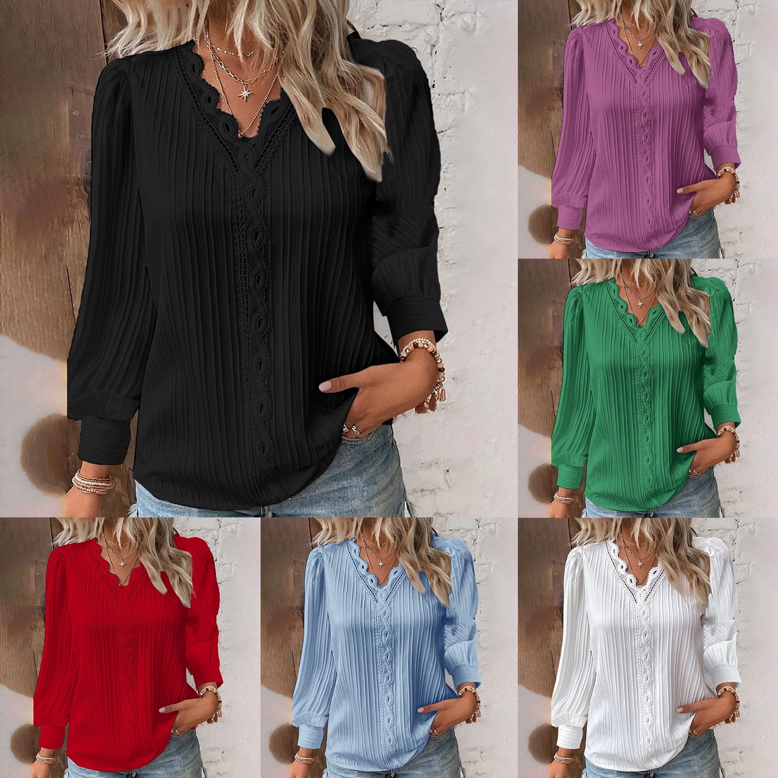 Women Blouses Long Sleerainbowe Rainbow Neck Ruffle Trim Elegant Floral ...