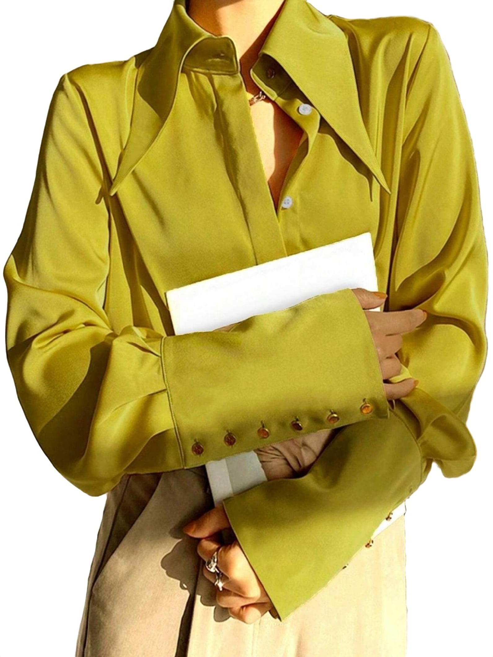 Women Blouses Mustard Yellow Plain Collar Top Long Sleeve Elegant ...