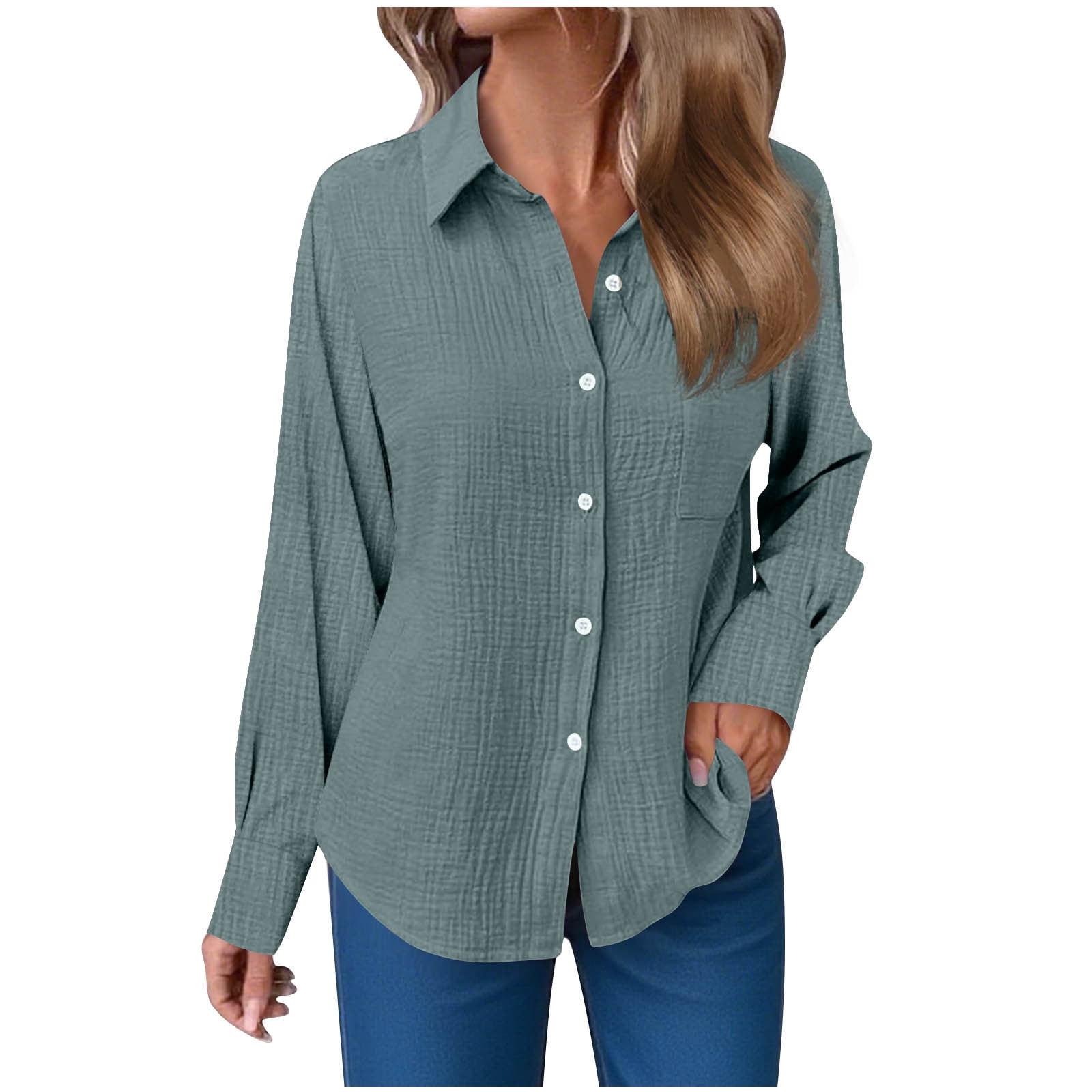 Women Blouses Solid Colors Button Lapel Long Sleeves Shirt Fashionable ...