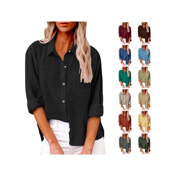 Women Blouses Summer Casual Linen Button Up Shirts Long Sleeve Loose ...