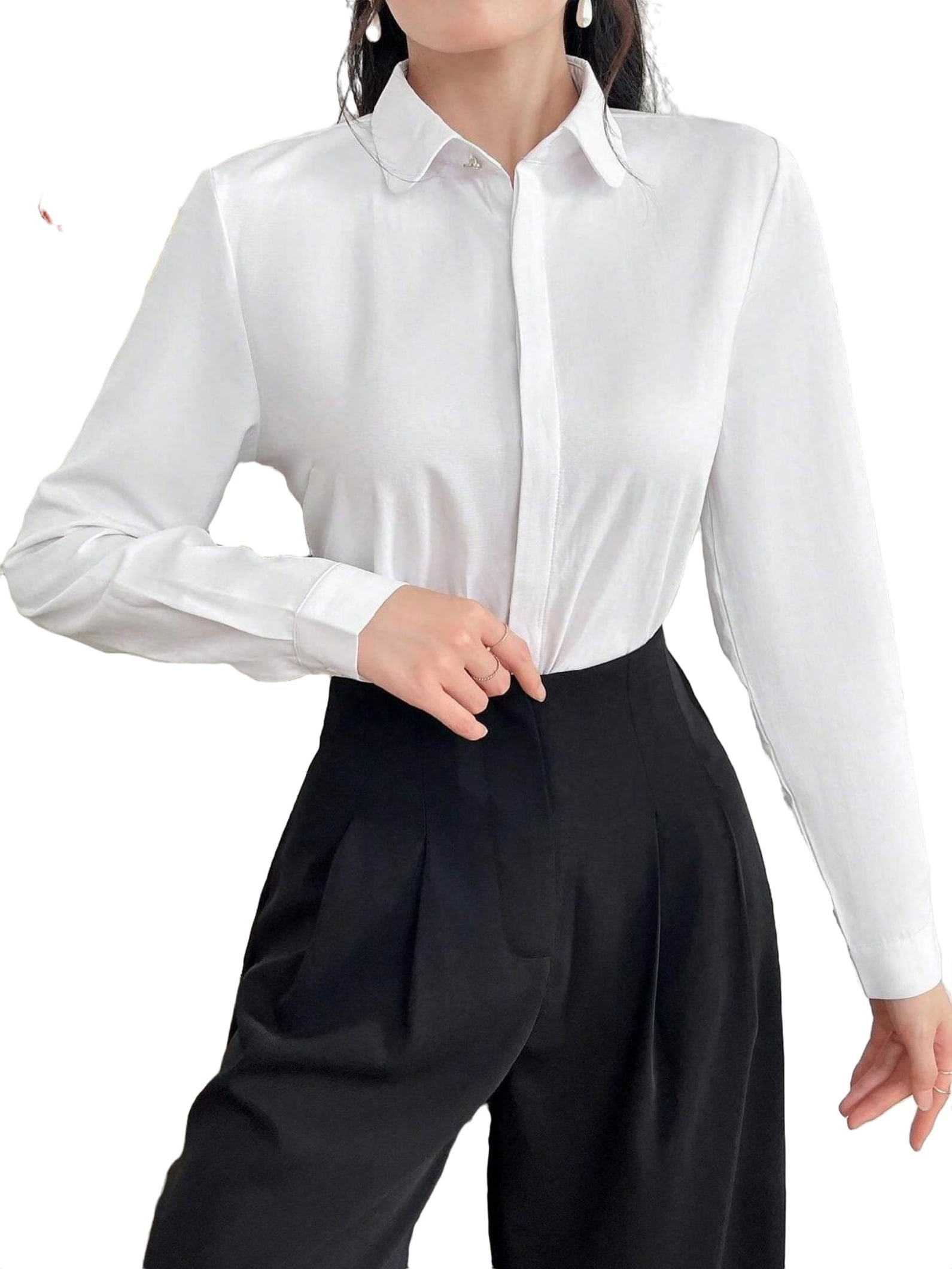 Women Blouses White Plain Shirt Collar Shirt Long Sleeve Casual ...