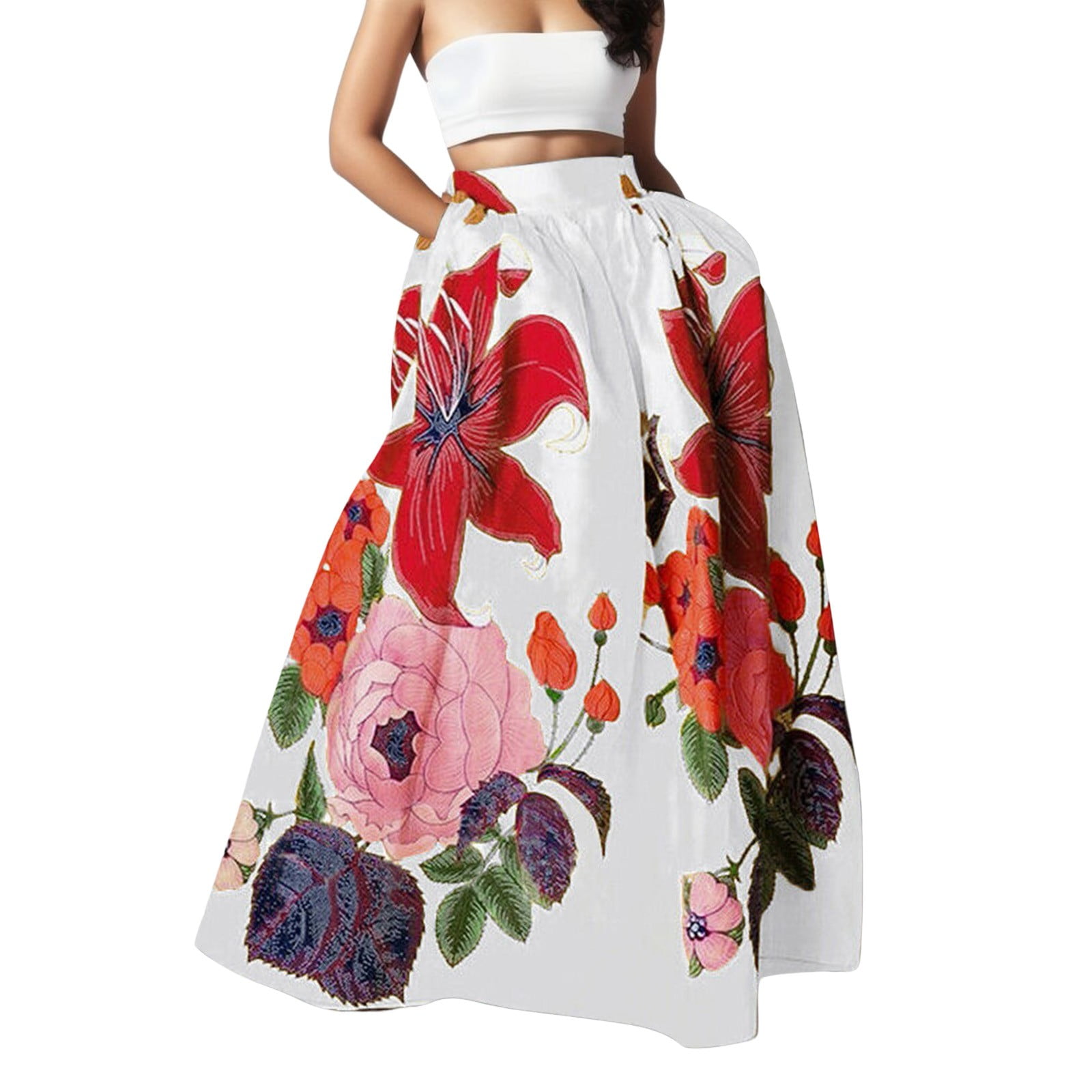 Women Bohemian Floral Print Knit Dress Women Maxi Skirt High Waist ...
