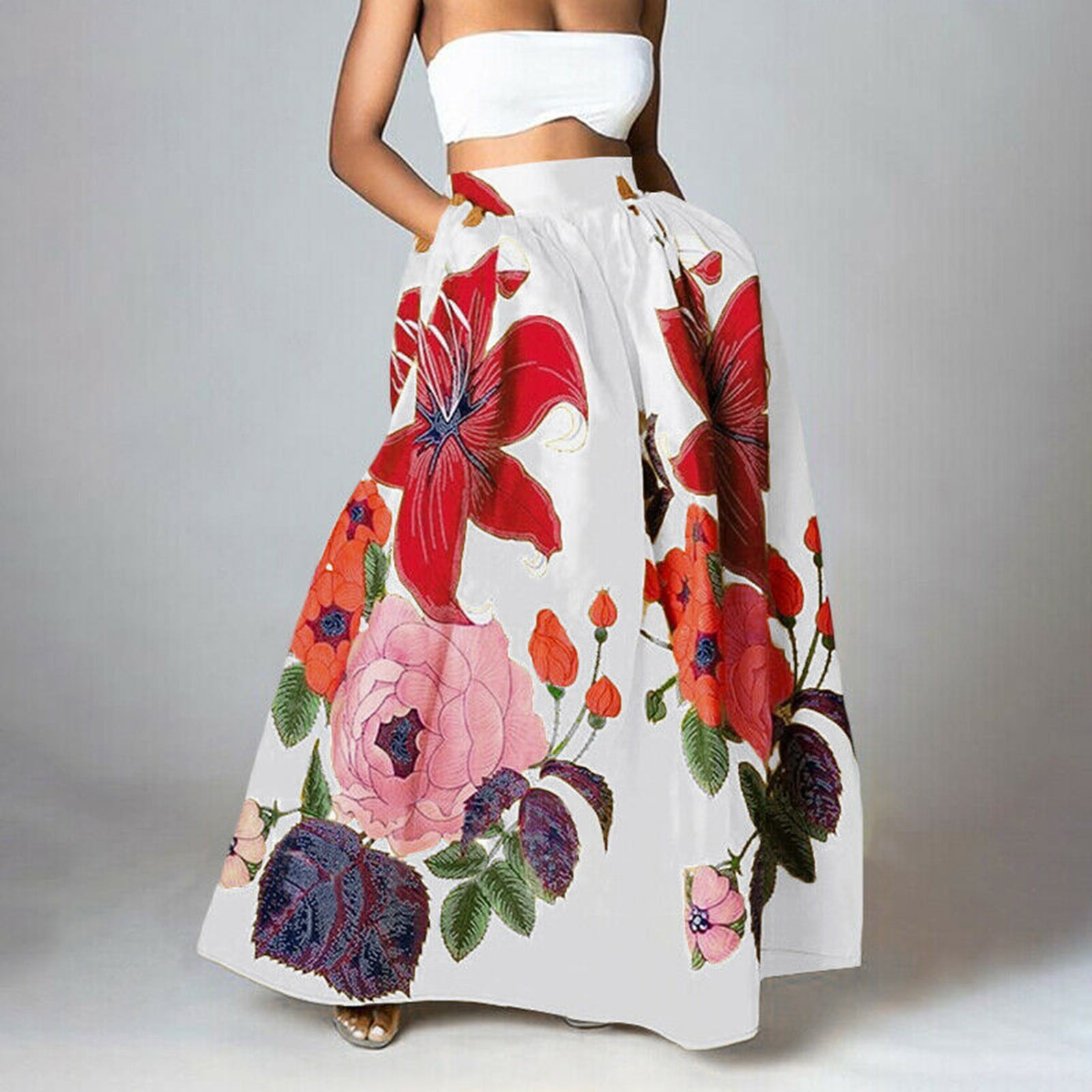 Women Bohemian Floral Print Skirt High Waist Party Beach Pocket Long ...
