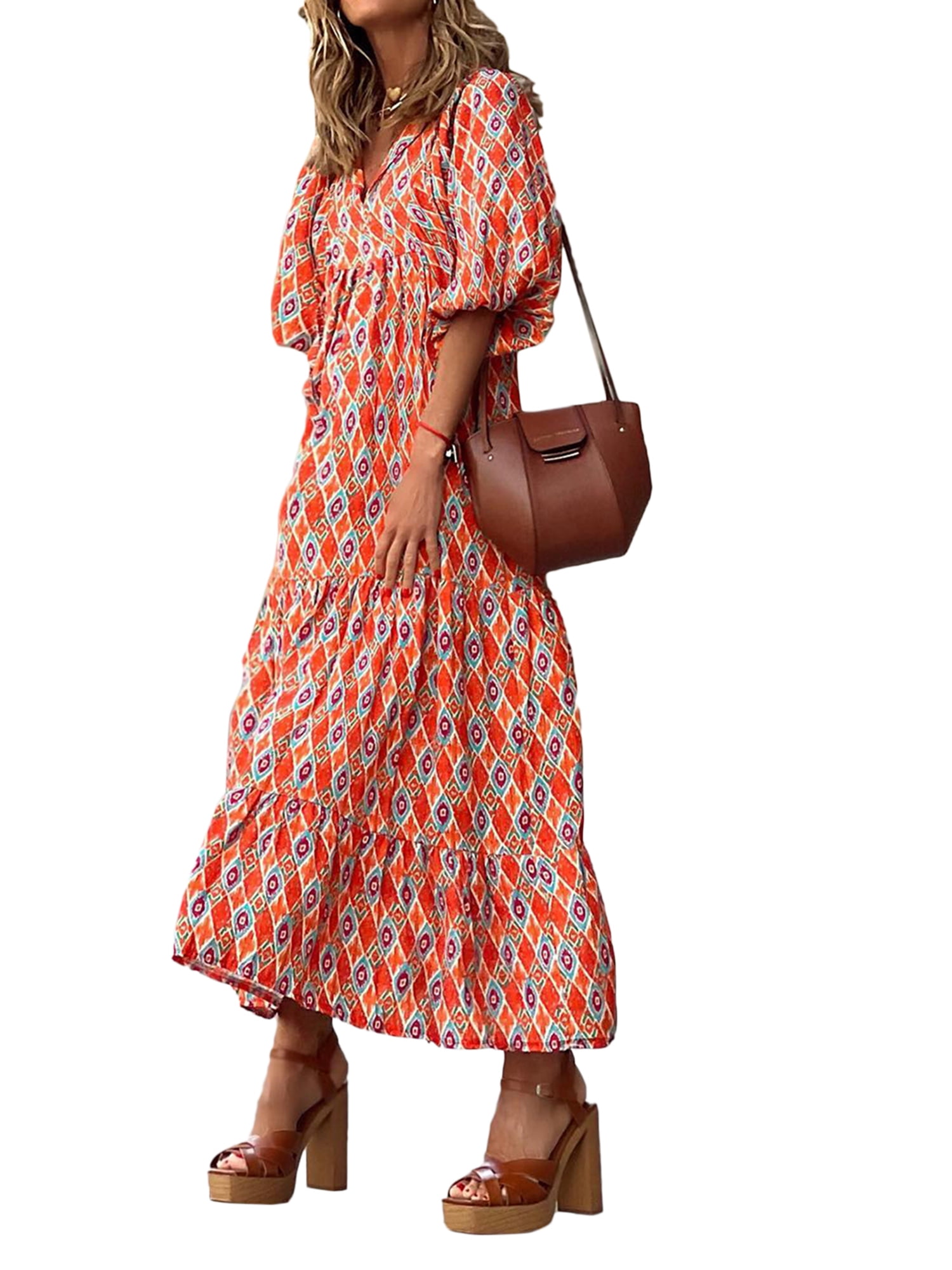 Women Bohemian Summer Dress Casual Maxi Dress V Neck Puff Sleeve Dress ...