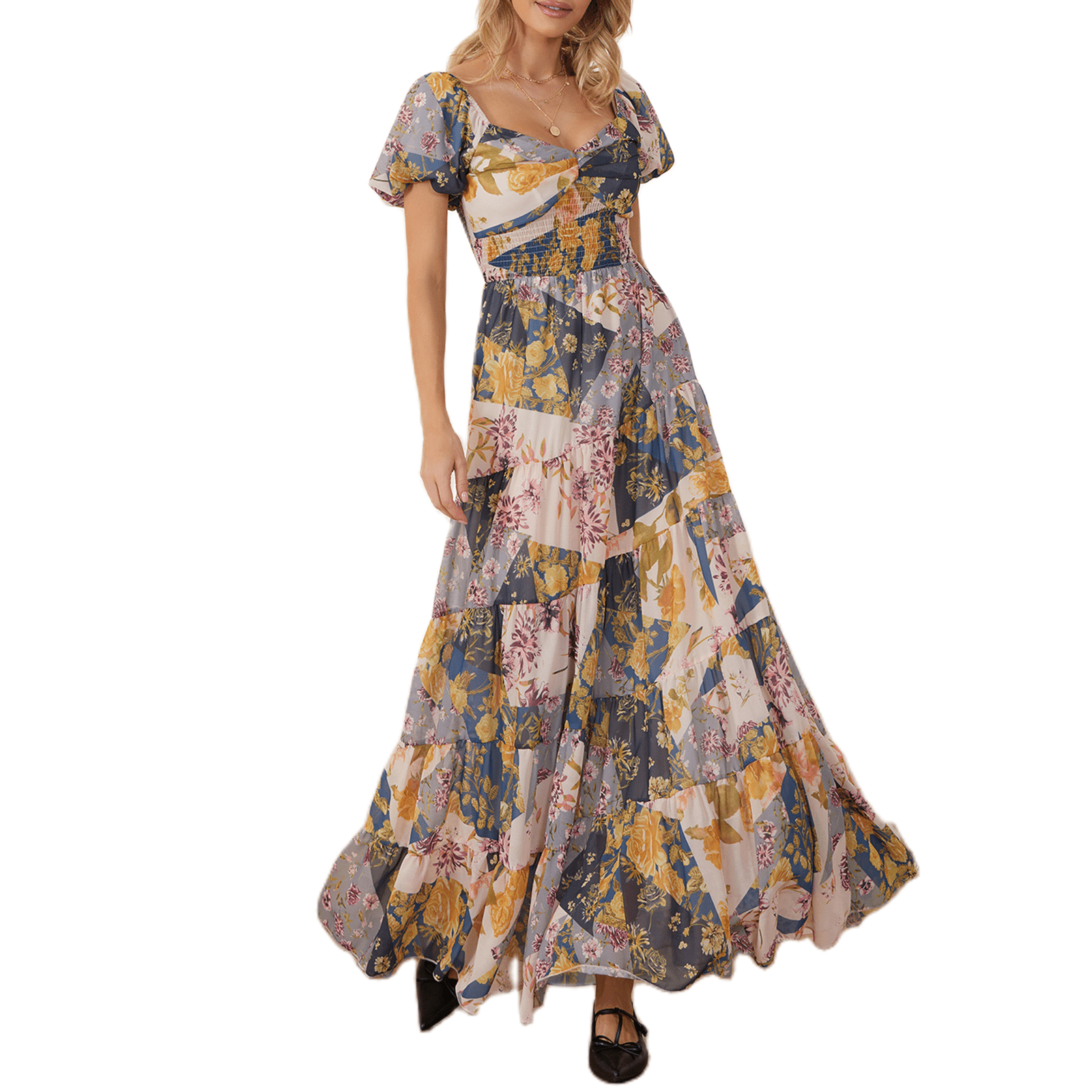 Women Boho Floral Maxi Dress Short Puff Sleeve Sweetheart Neck Smocked ...
