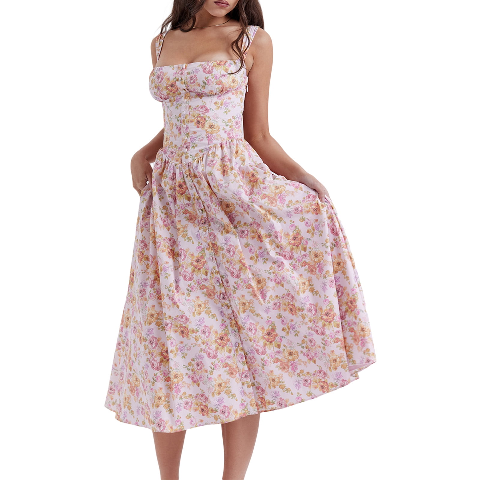 Sunloudy Women Boho Floral Maxi Dress, Vintage Spaghetti Strap Backless ...