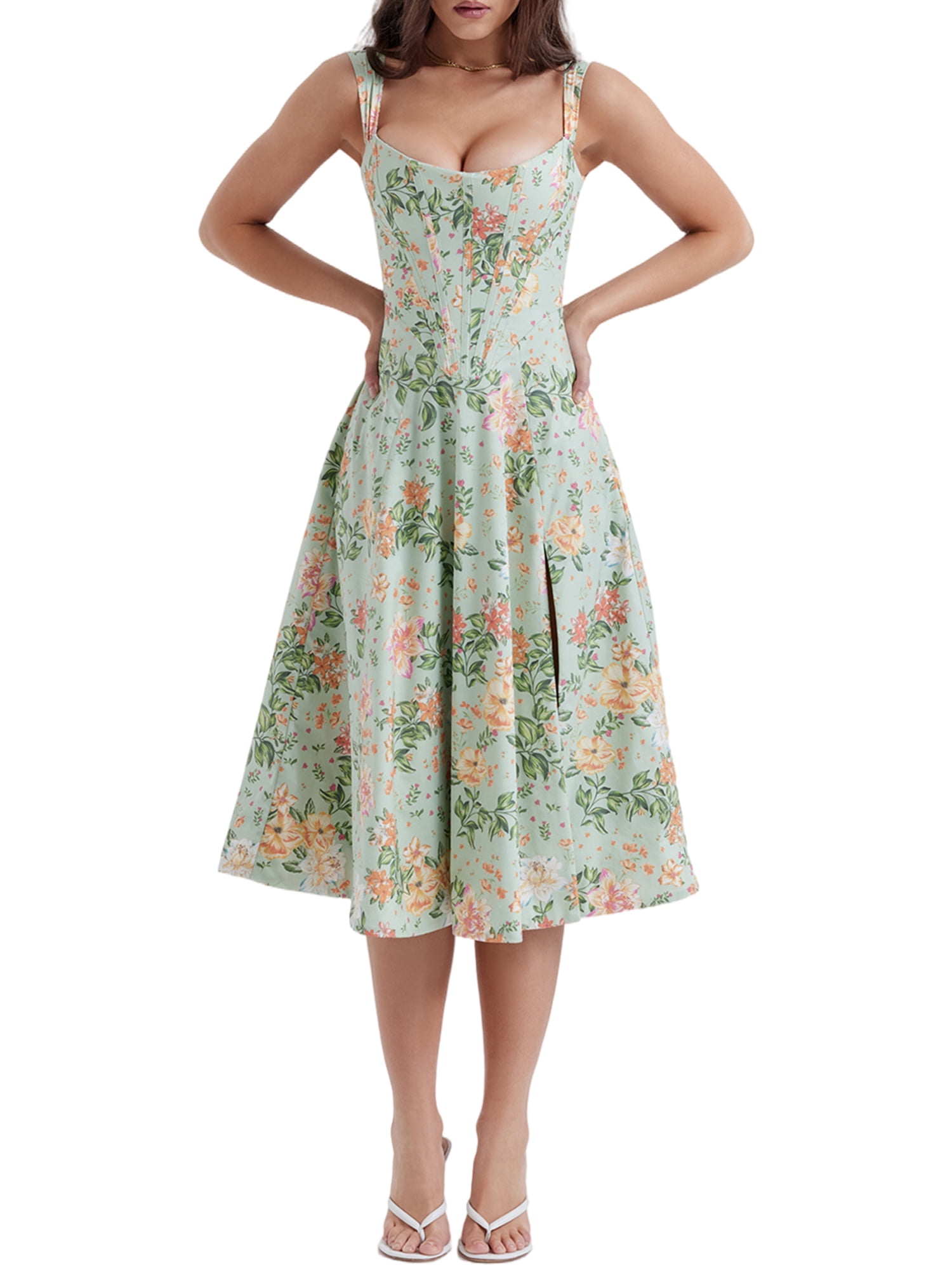 Women Boho Floral Midi Dress Sleeveless Square Neck A Line Slit Long ...
