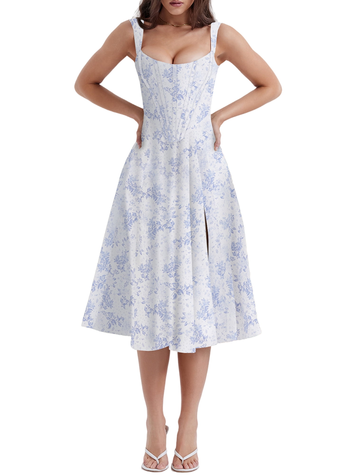 Women Boho Floral Midi Dress Sleeveless Square Neck A Line Slit Long ...