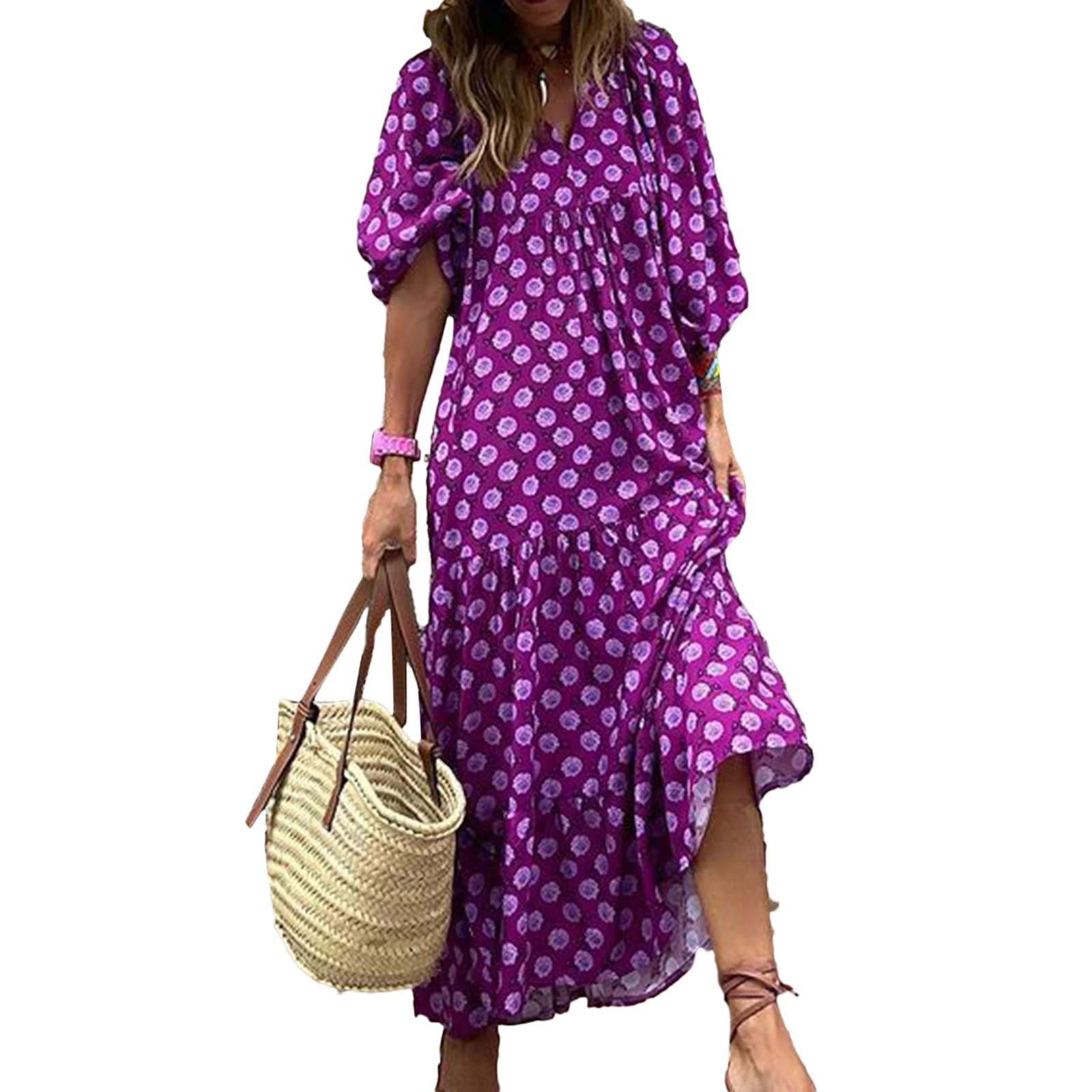 Women Boho Floral Print Maxi Dress Puff Short Sleeve Flowy Bohemian Dress Summer Smocked Tiered ...