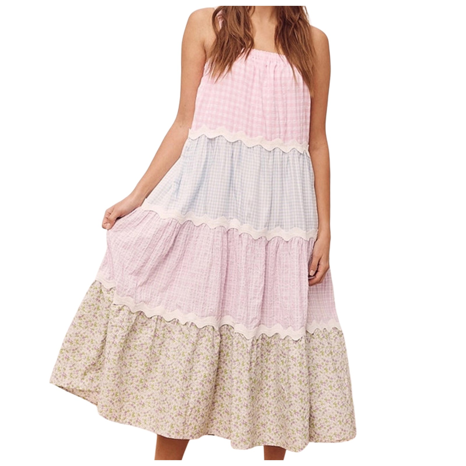 Women Boho Long Dress Graphic Spaghetti Strap Flowy Maxi Dress Square ...