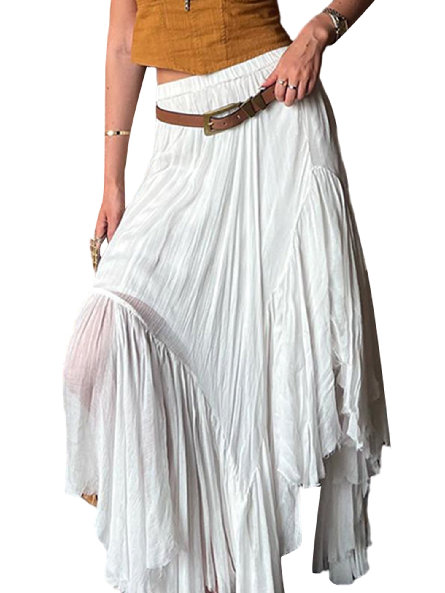 Women Boho Long Skirts Elastic Waist Chiffon Bohemian Midi Skirts ...