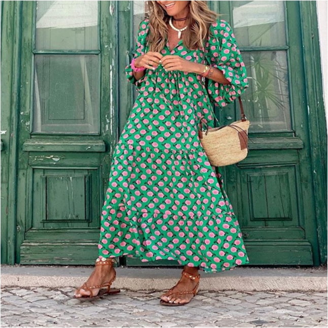 Women Boho Maxi Dresses 2024 V Neck Long Puff Sleeve Smocked Ruffle ...