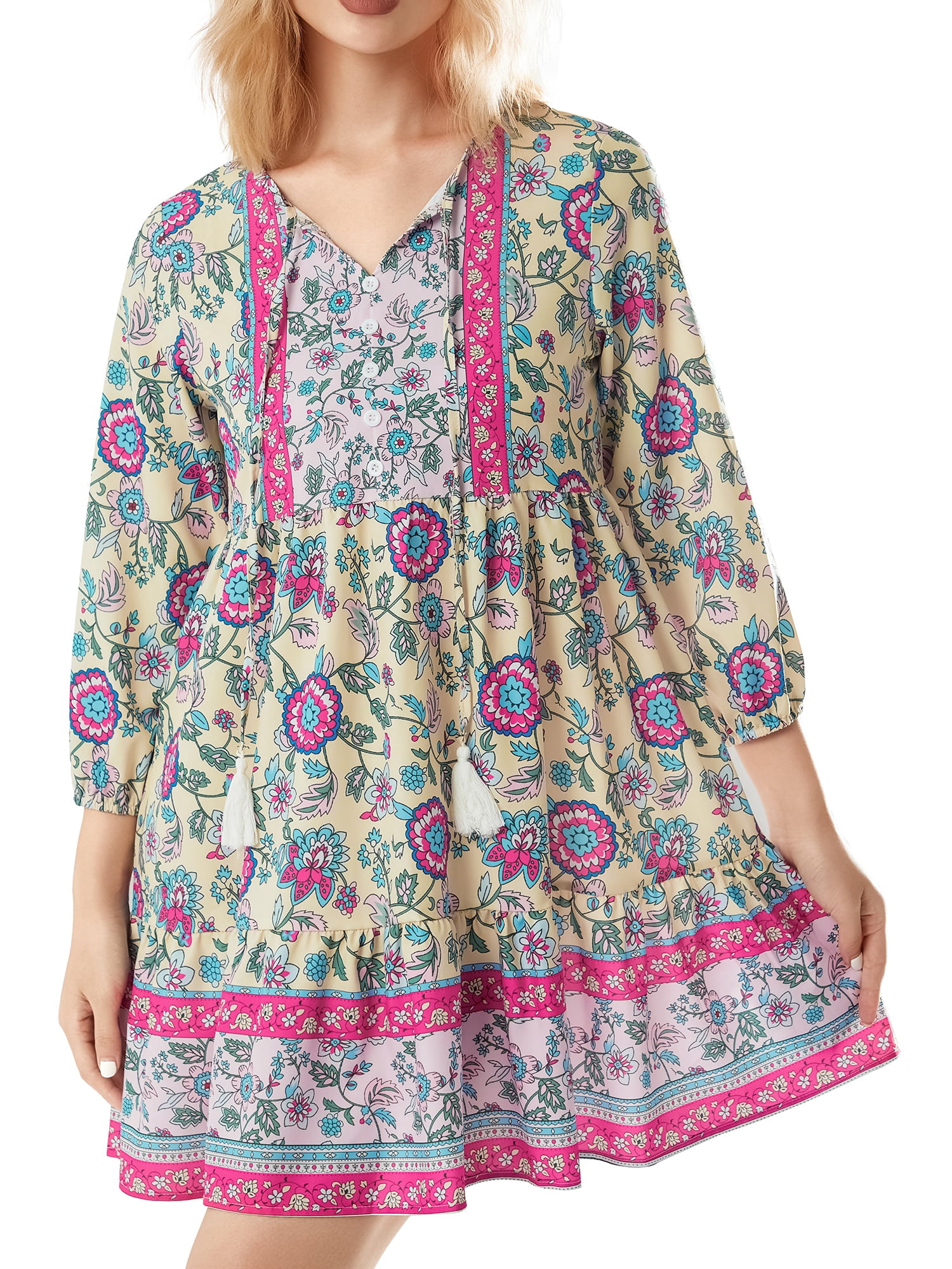 Women Boho Mini Dress Floral Lantern Sleeve V-Neck Button Ruffle Dress ...