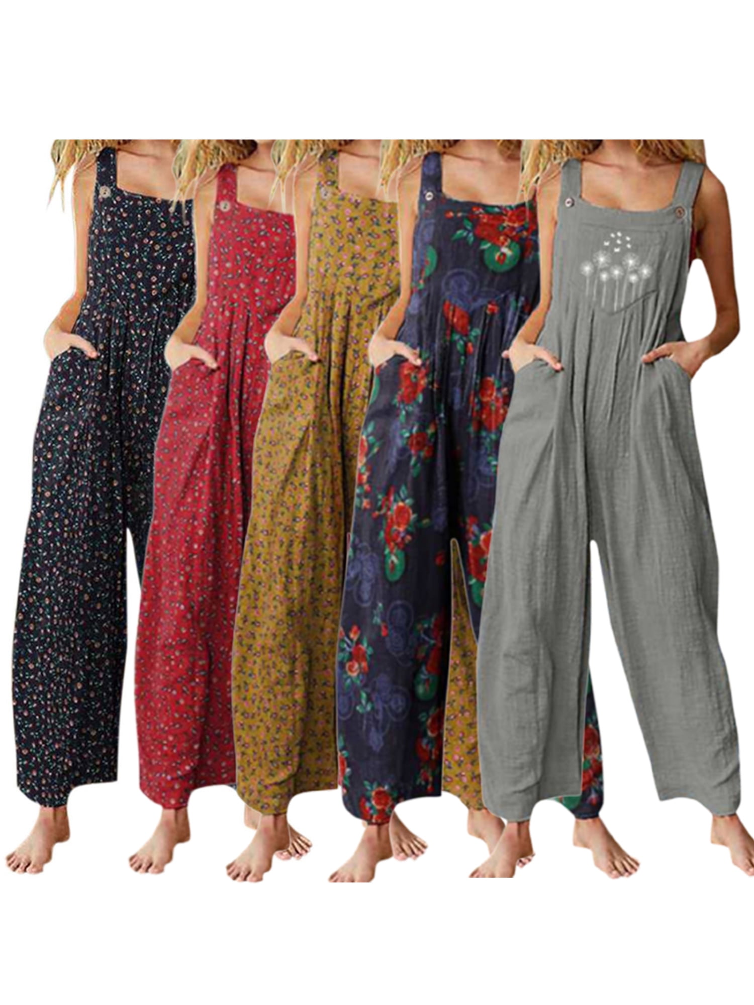 Women Boho Printed Casual Overalls Loose Baggy Bib Pants Jumpsuit ...