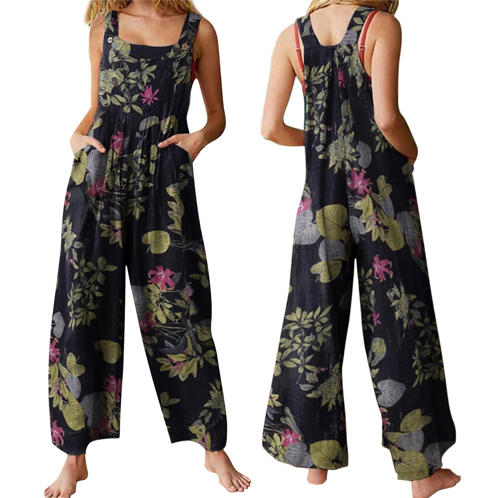 Women Boho Printed Casual Overalls Loose Baggy Bib Pants Jumpsuit ...