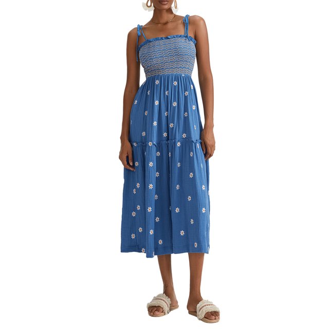 Women Boho Tie Shoulder Dress Y2k Floral Smocked Long Flowy Dresses ...