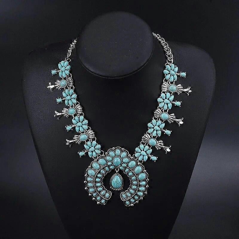 Women Boho Vintage Silver Statement Necklace Turquoise Stones Jewelry ...