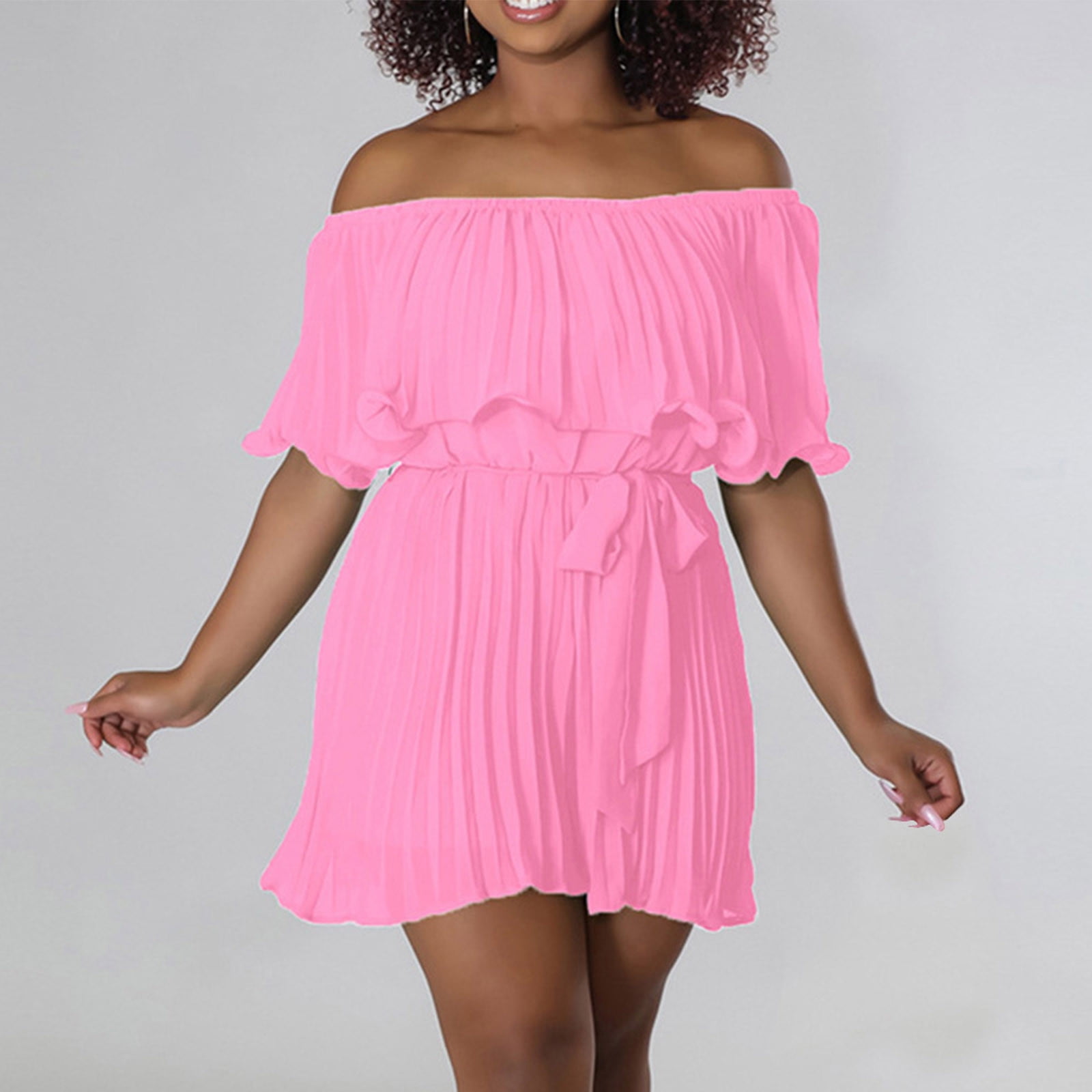 Women Boho off Shoulder Romper Flowy Tie Waist Flared Pleated Short ...