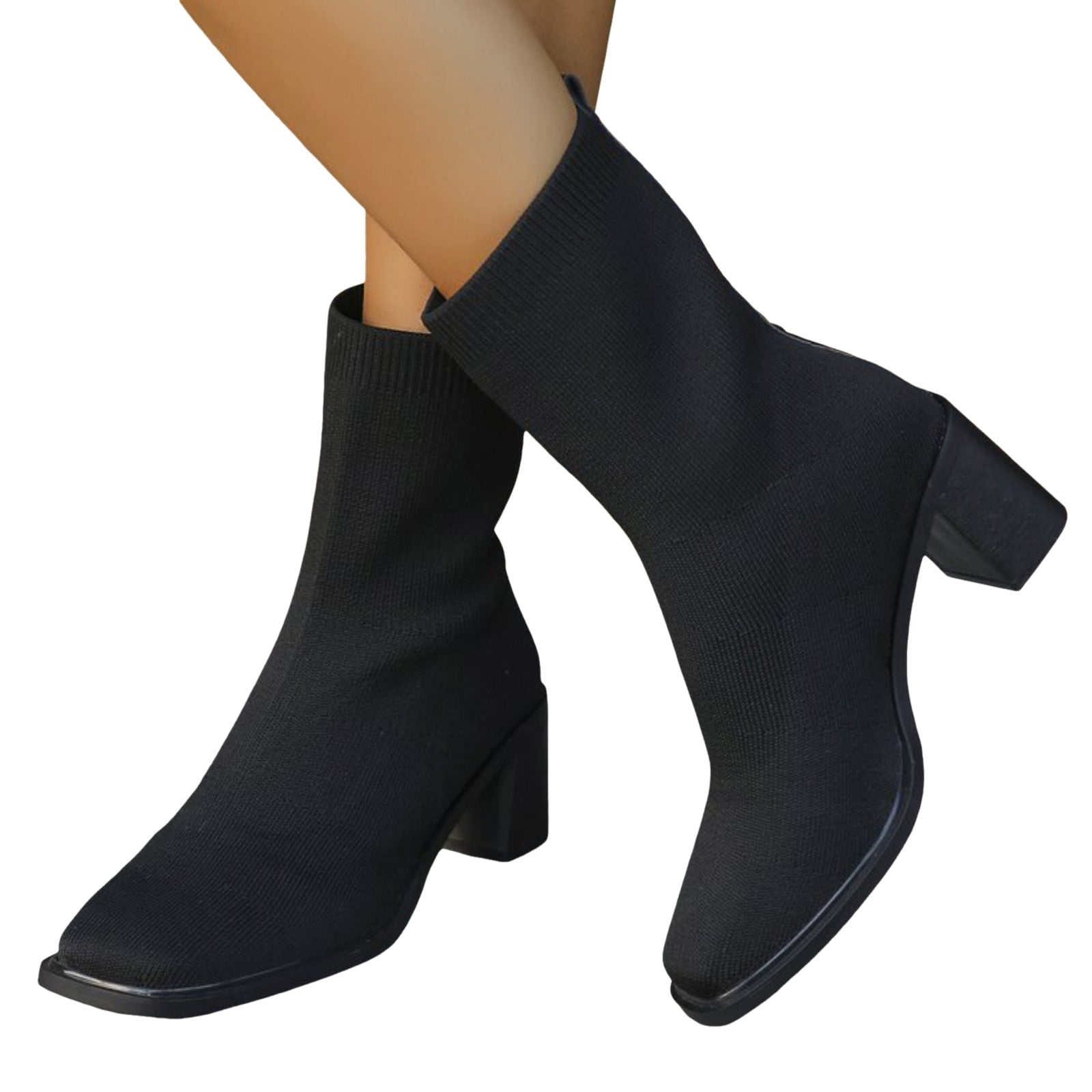 Women Boots New Stretch Knitted Mid Calf Fashionable Thick Heel Plush ...