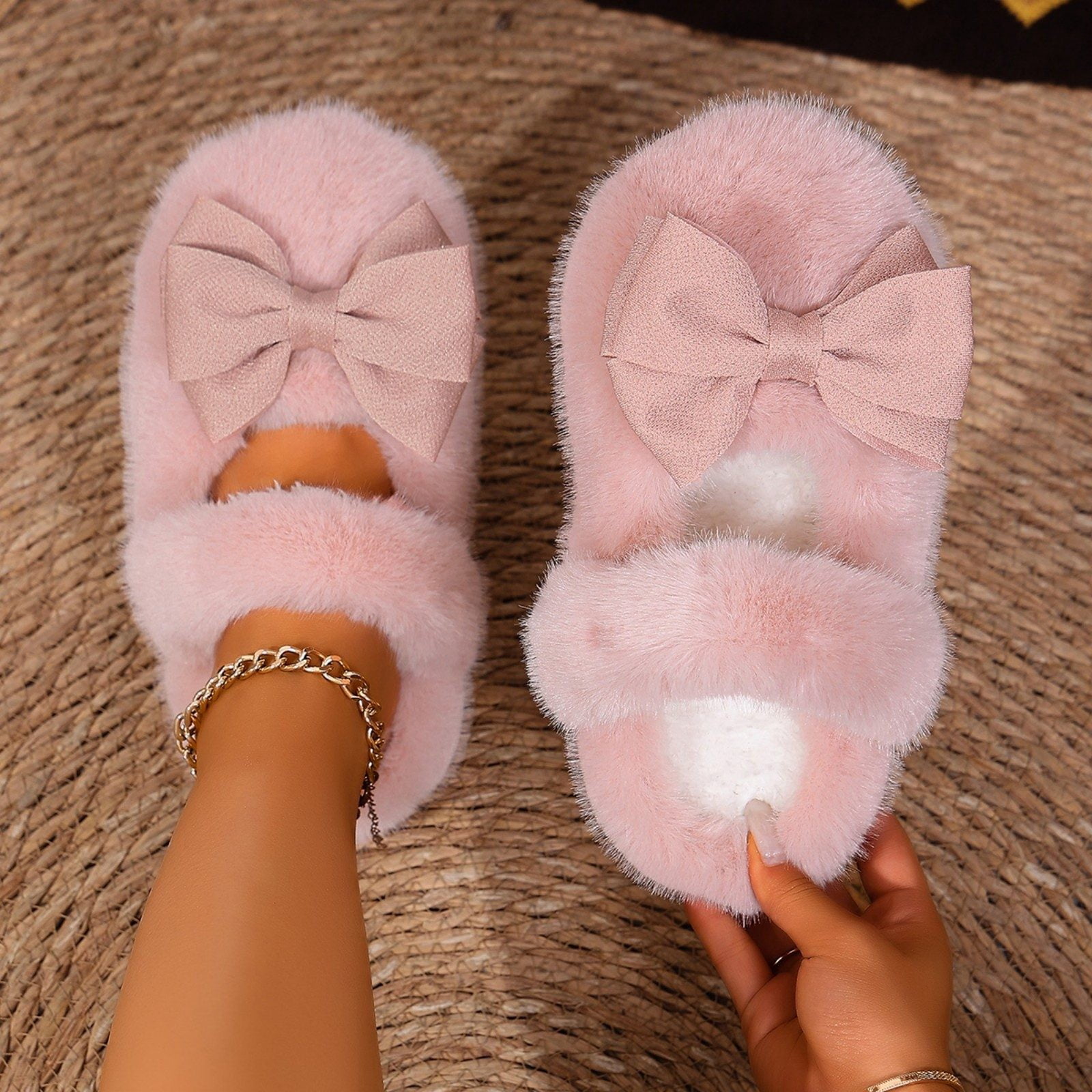 Women Bow Decor Fuzzy Mary Jane Slippers, Closed Toe Fluffy Plush House ...
