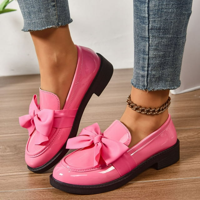 Women Bow Pumps Shoes Round Closed Toe Slip On Oxford Loafer Shoes ...