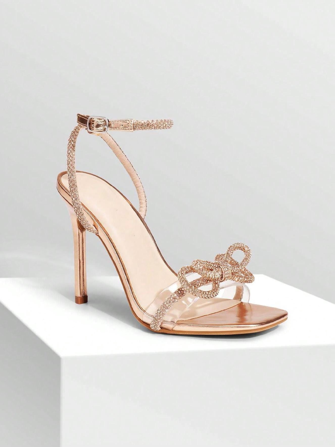Women Bowknot Crystal Heel Sandals Square Toe Rhinestone Decor Ankle ...