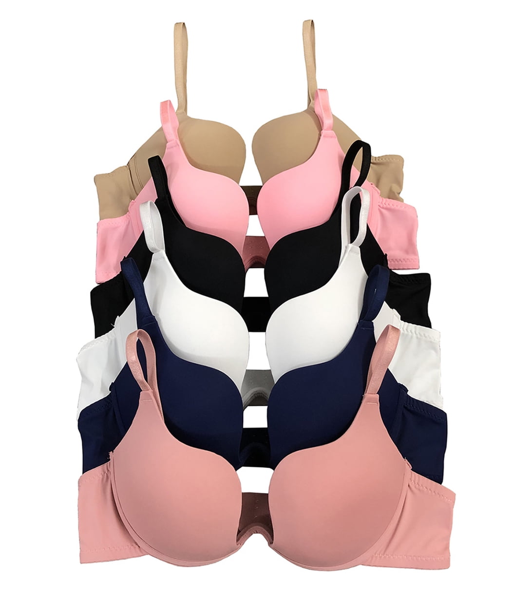 Women's 6 Pack T-shirt Bras with Padded Cups and Wire Closure, Sizes B ...