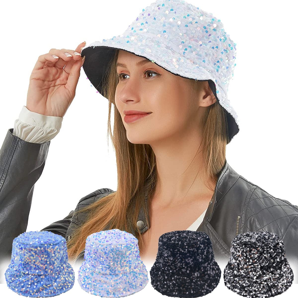 Women Bucket Hat Reversible Double-Side-Wear Shiny Glitter Sequin Sun ...