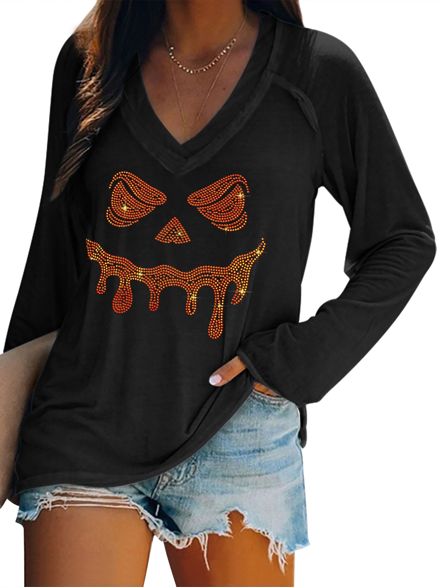 ZXSXSY Graphic Halloween Tops for Women Rhinestone Long Sleeve V-Neck ...
