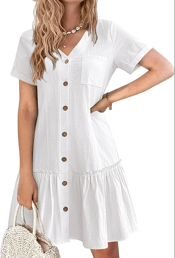 Women Button Down Dress Loose Summer Cotton Linen Dress Ruffle Hem ...