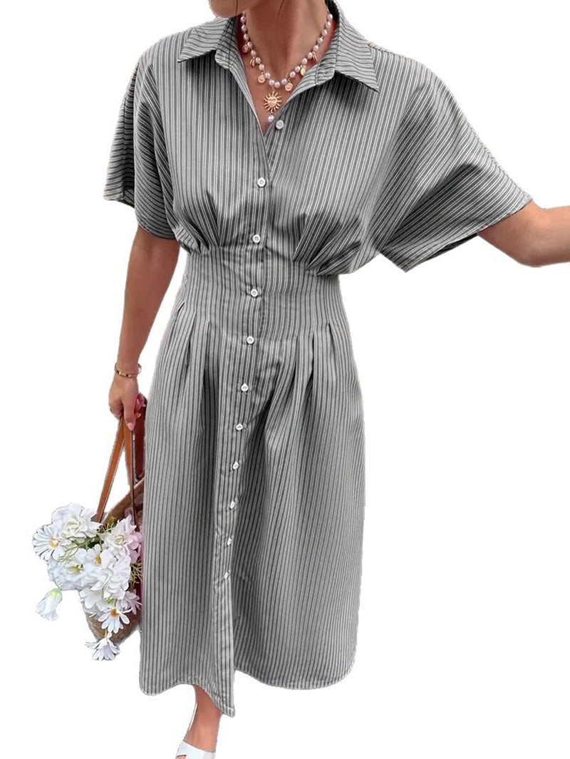 Women Button Front Pleated Shirt Dresses Summer Casual Short Sleeve ...