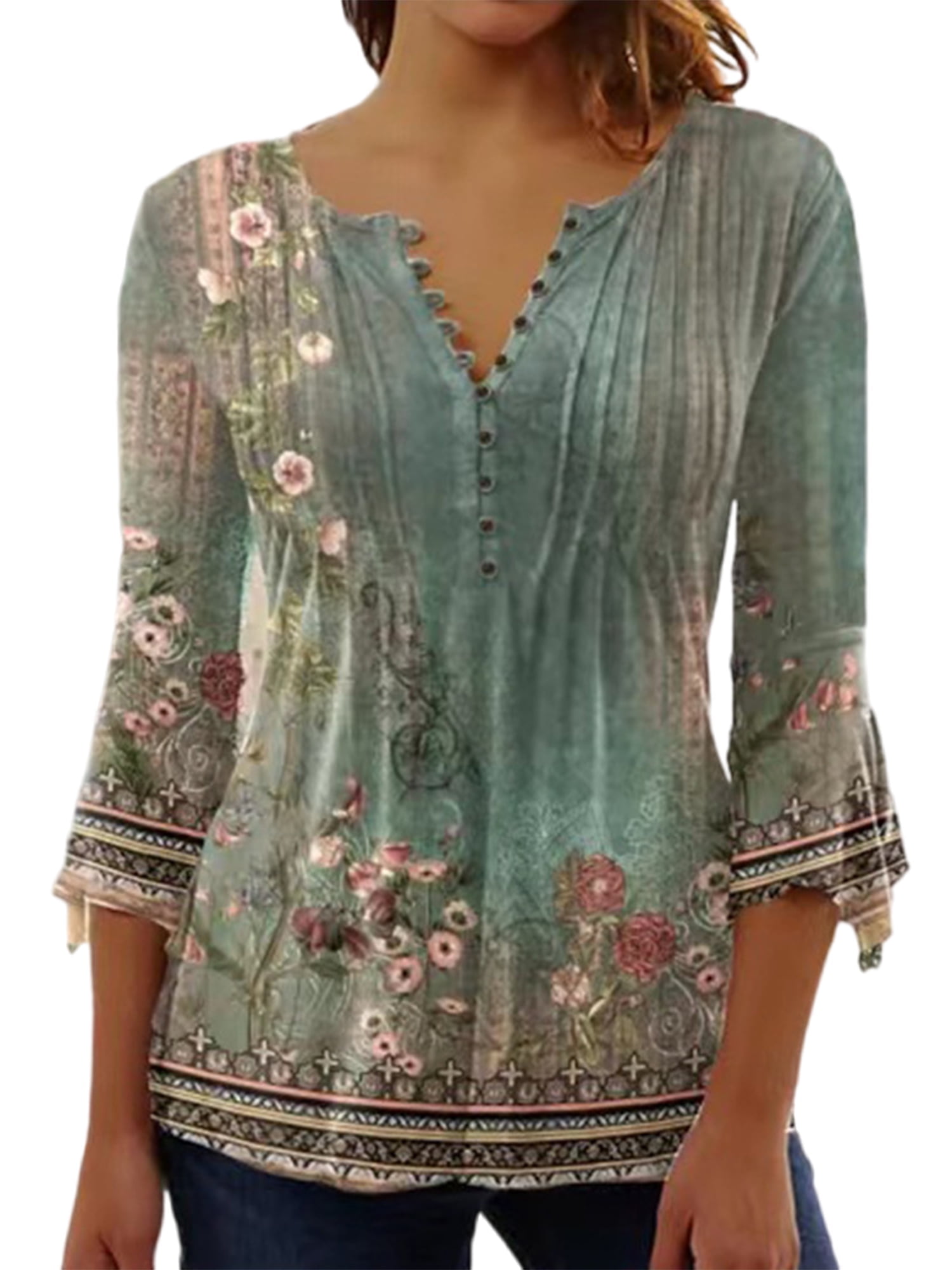 Women's Floral Print 3/4 Sleeve V-Neck Pleated Blouse, Fashion Flower ...