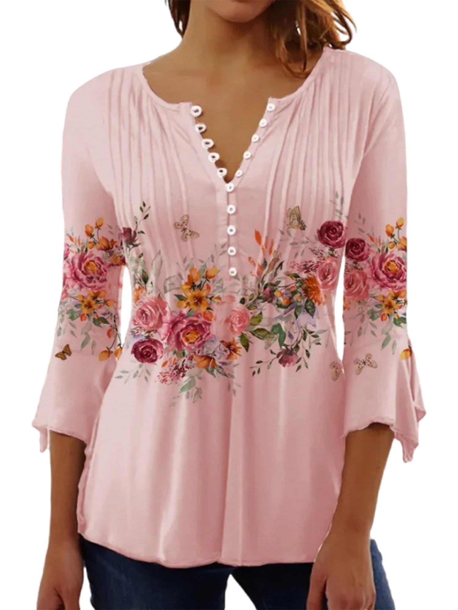 Frontwalk Women Floral Print Blouses, 3/4 Sleeve V Neck Tunic Tops ...