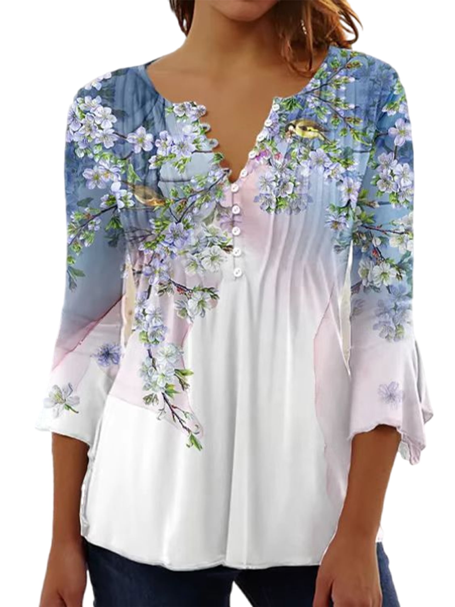 Women Button Up Blouses for Women Floral Print Shirts 3/4 Sleeve V Neck ...