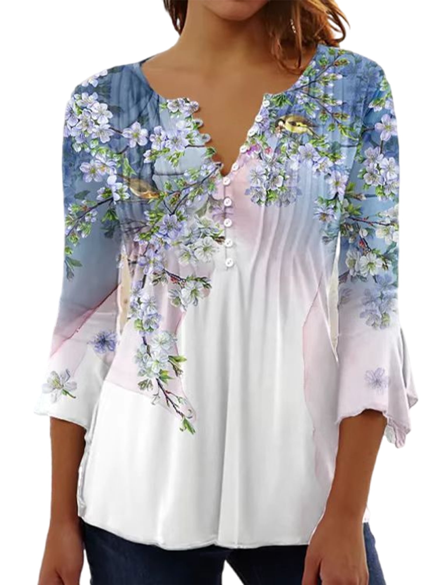 Women's Floral Print Patterned Fashion Blouse, 3/4 Sleeve V-Neck ...