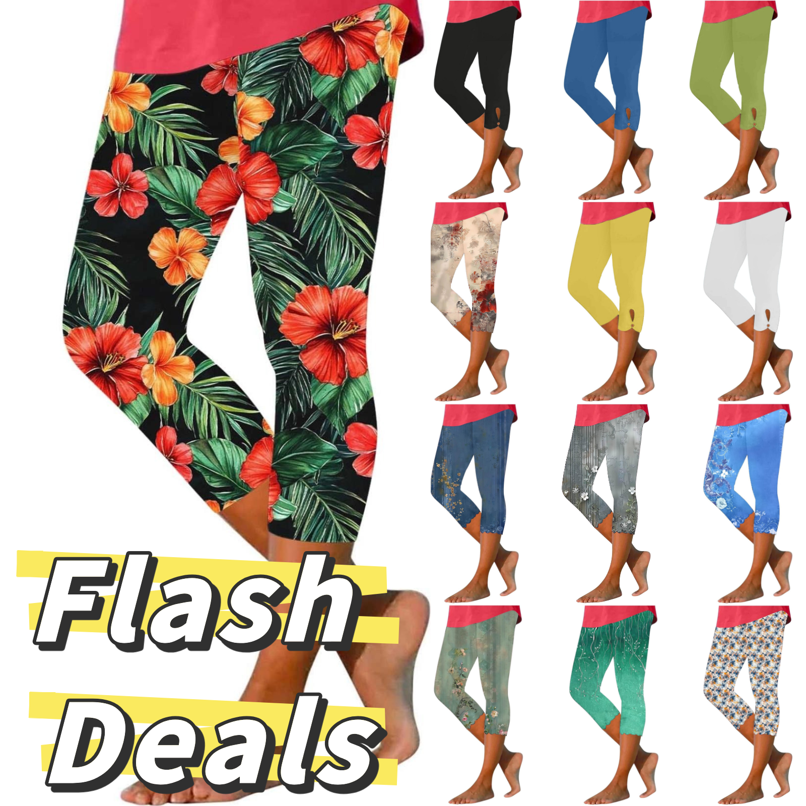 Women Capri Leggings Under Floral Print Leggings Plus Size High Waist ...