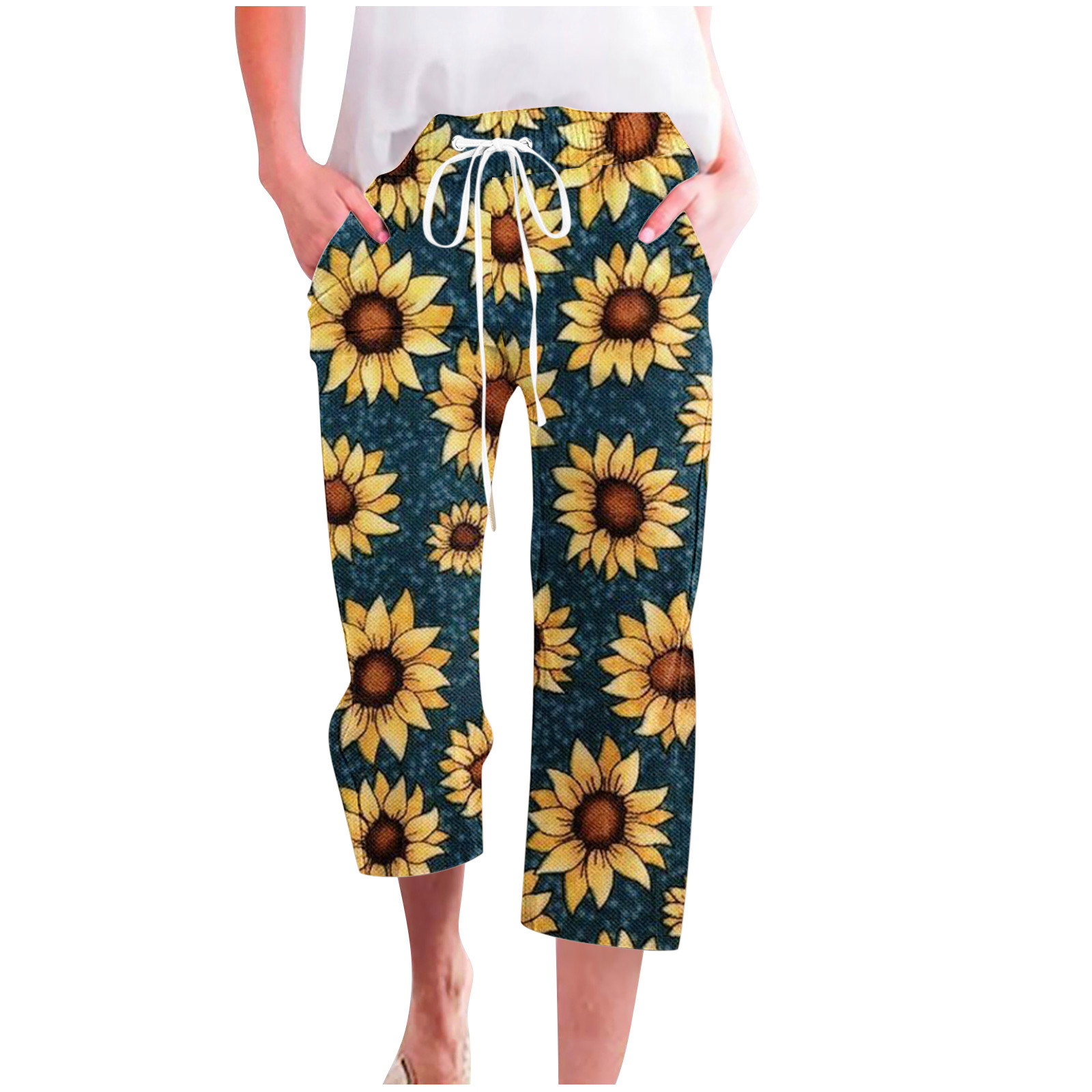 Women Capri Linen Cropped Trousers Hawaiian Beach Pants with Pocket ...
