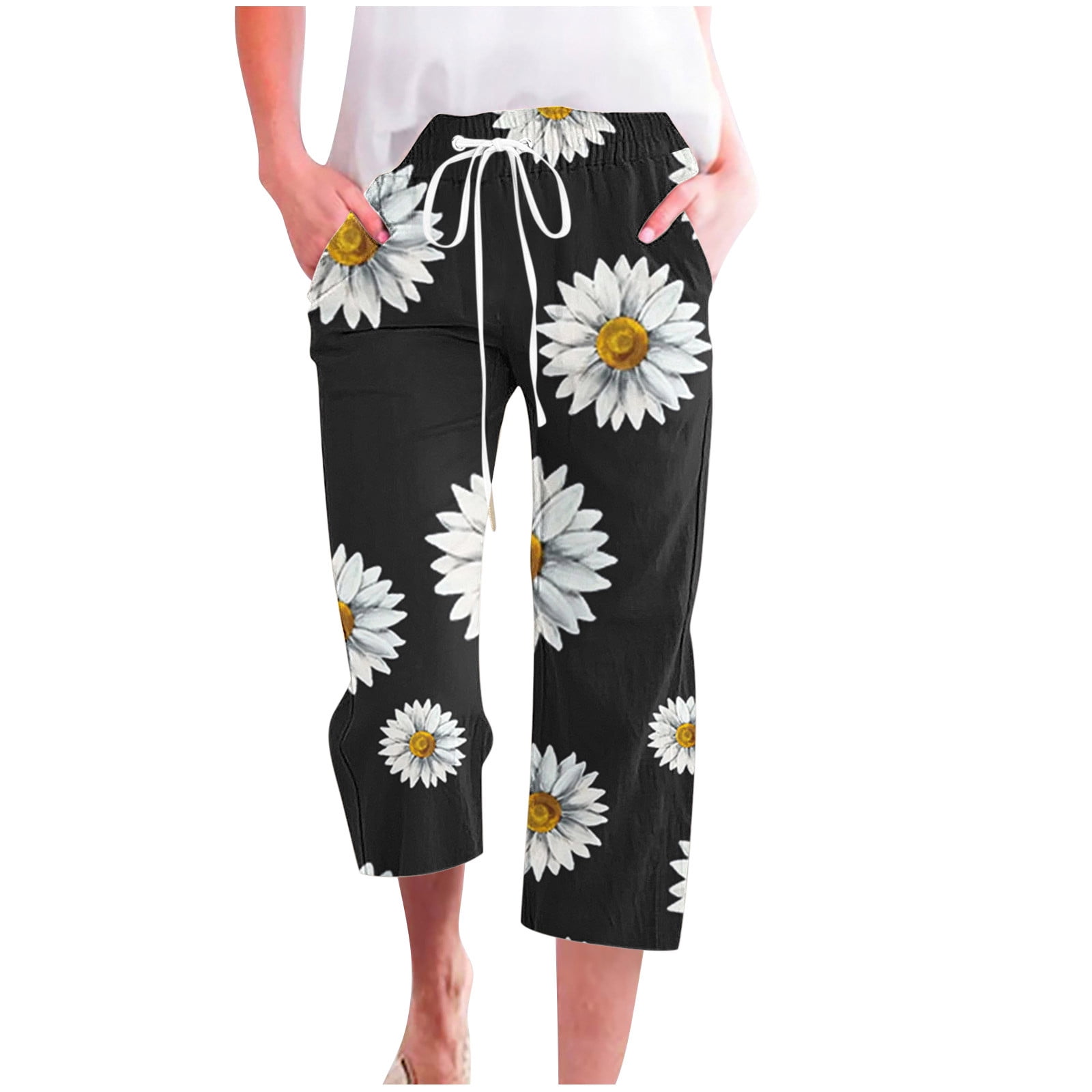 Women Capri Linen Cropped Trousers Hawaiian Beach Pants with Pocket ...