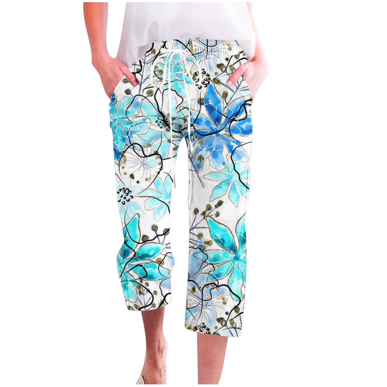 Women Capri Linen Cropped Trousers Hawaiian Beach Pants with Pocket ...