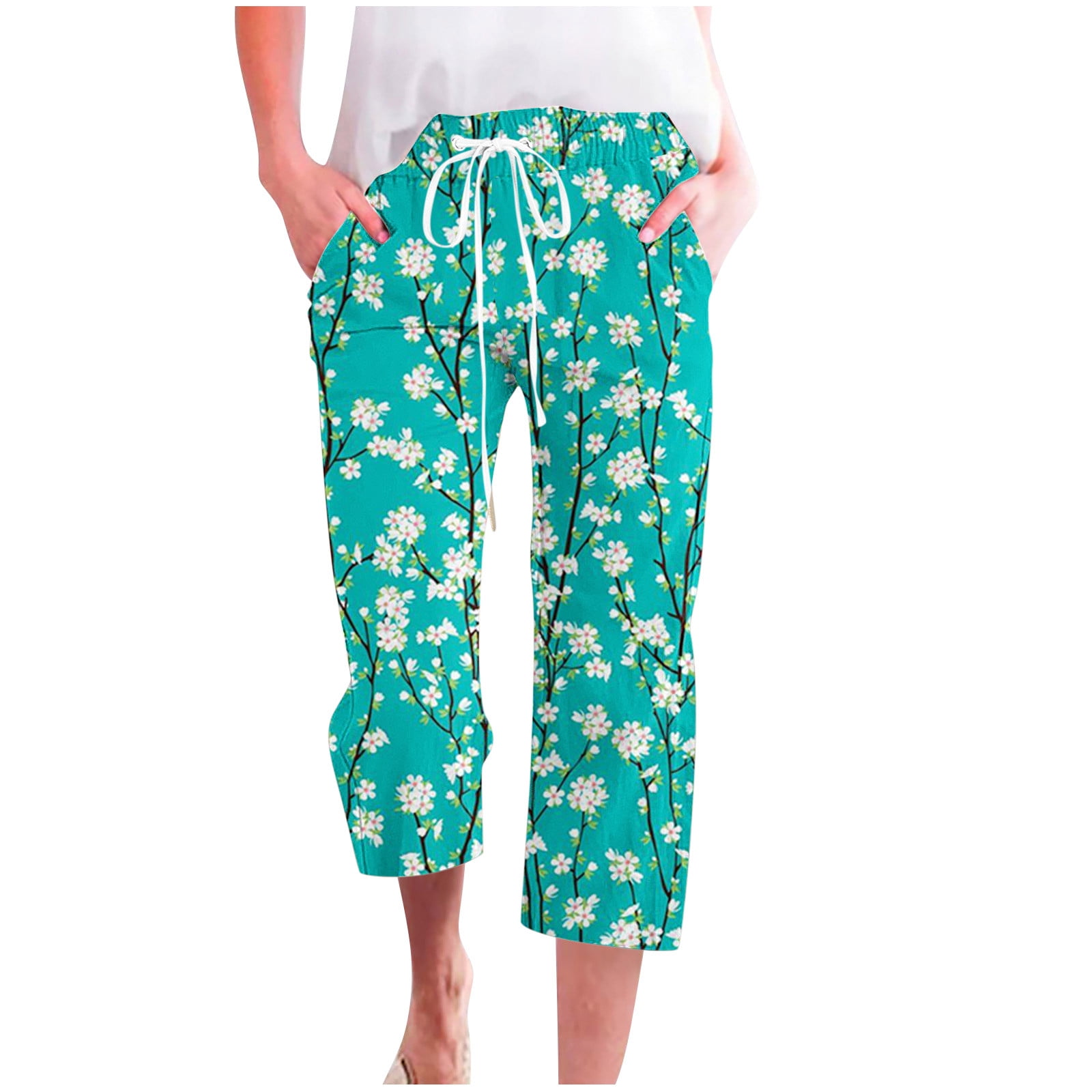 Women Capri Linen Cropped Trousers Hawaiian Beach Pants with Pocket ...