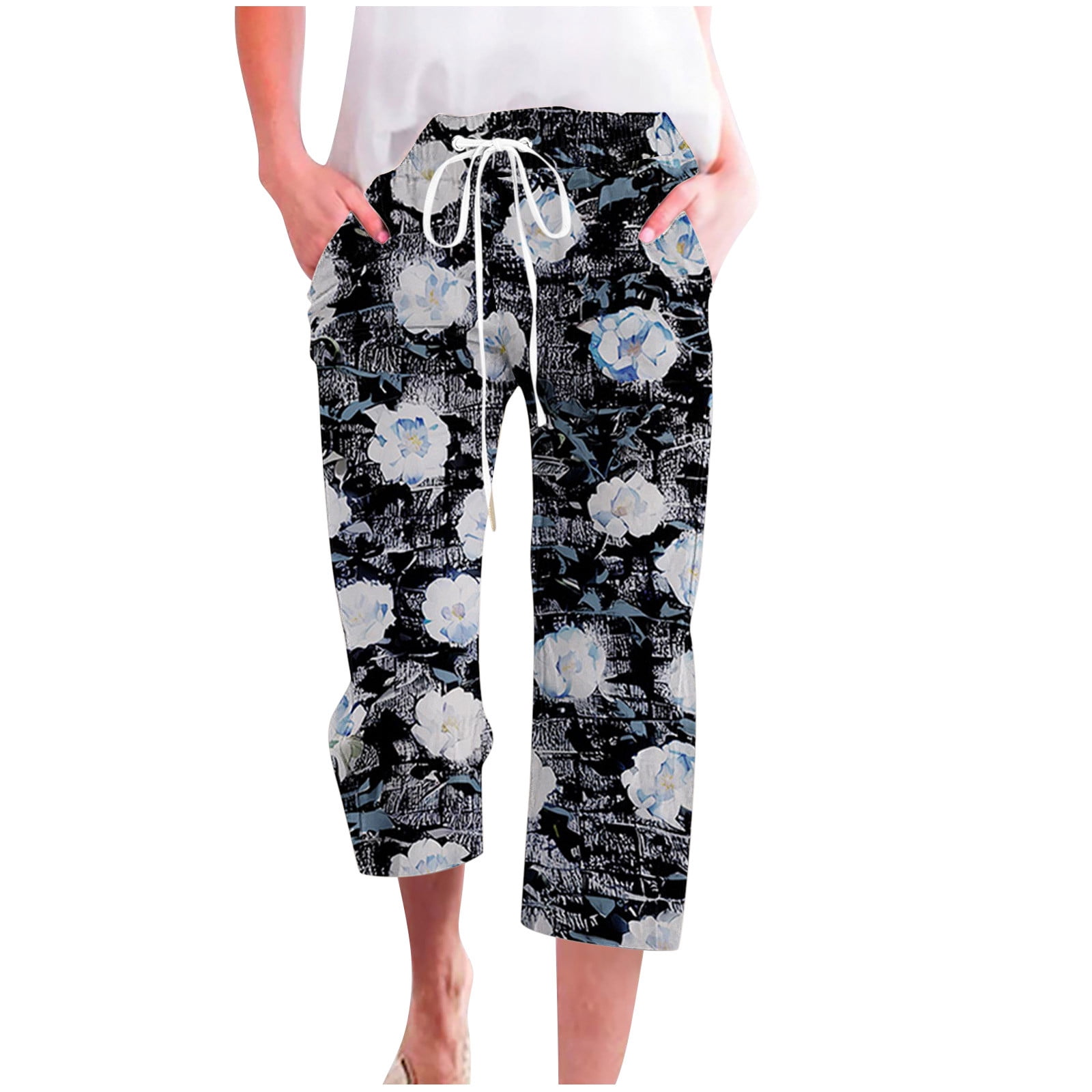 Women Capri Linen Cropped Trousers Hawaiian Beach Pants with Pocket ...