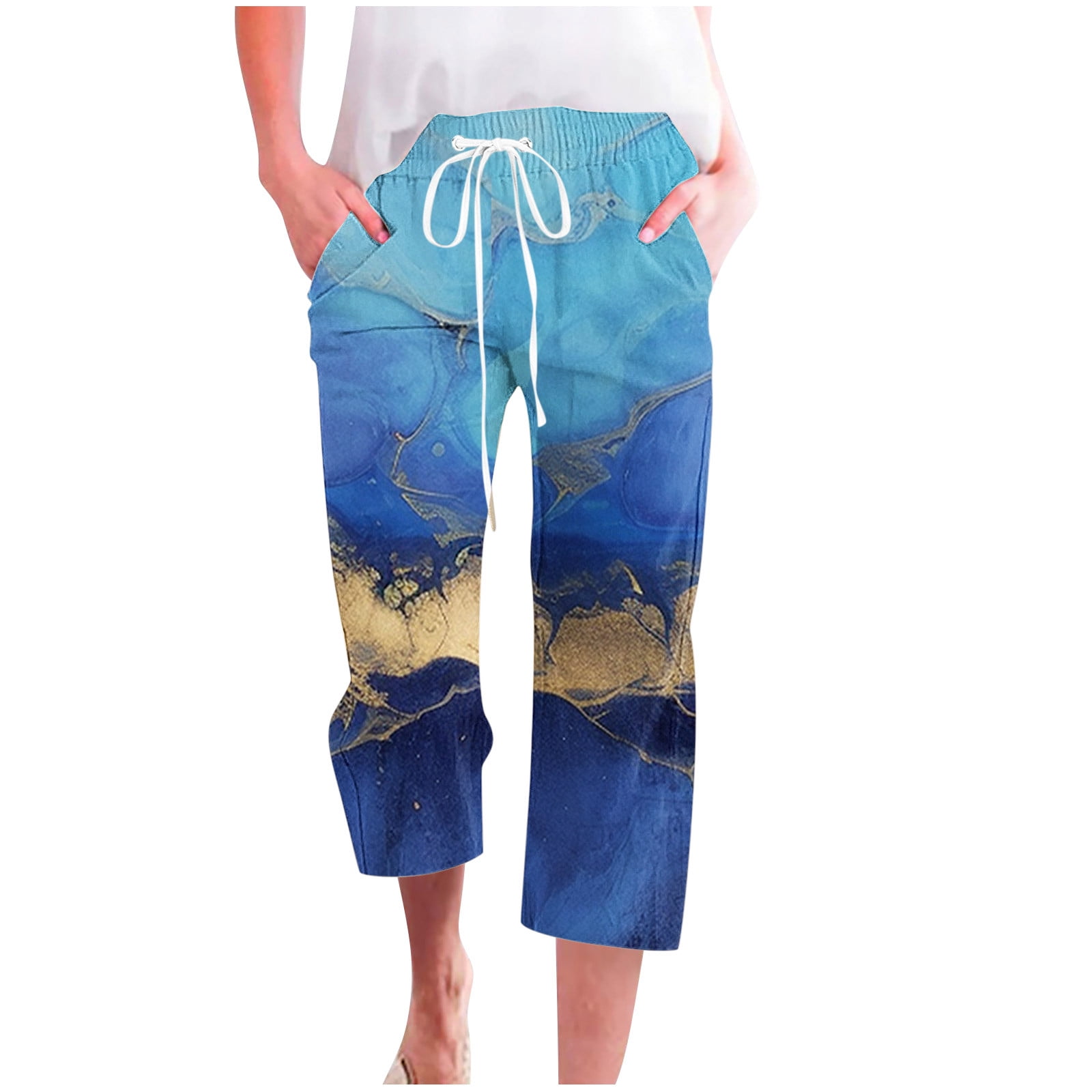 Women Capri Linen Cropped Trousers Hawaiian Beach Pants with Pocket ...