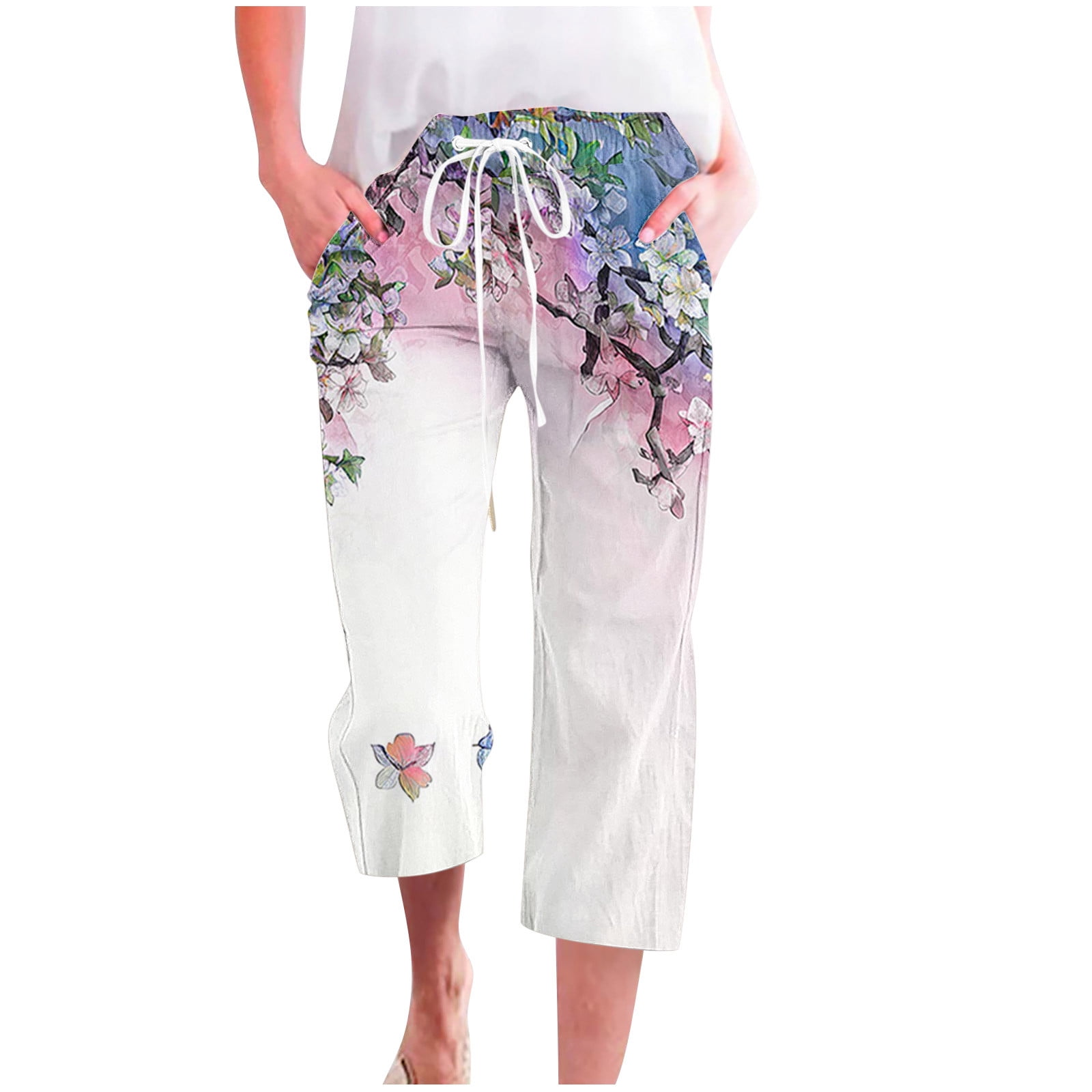 Women Capri Linen Cropped Trousers Hawaiian Beach Pants with Pocket ...