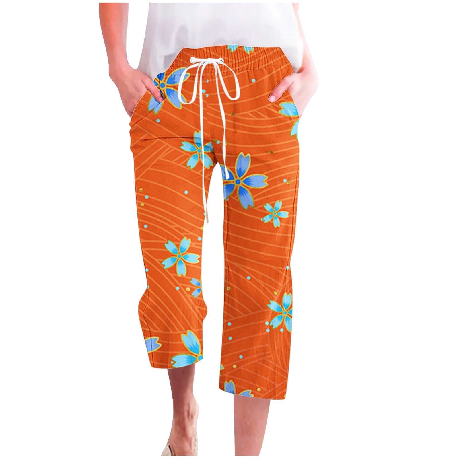 Women Capri Linen Cropped Trousers Hawaiian Beach Pants with Pocket ...