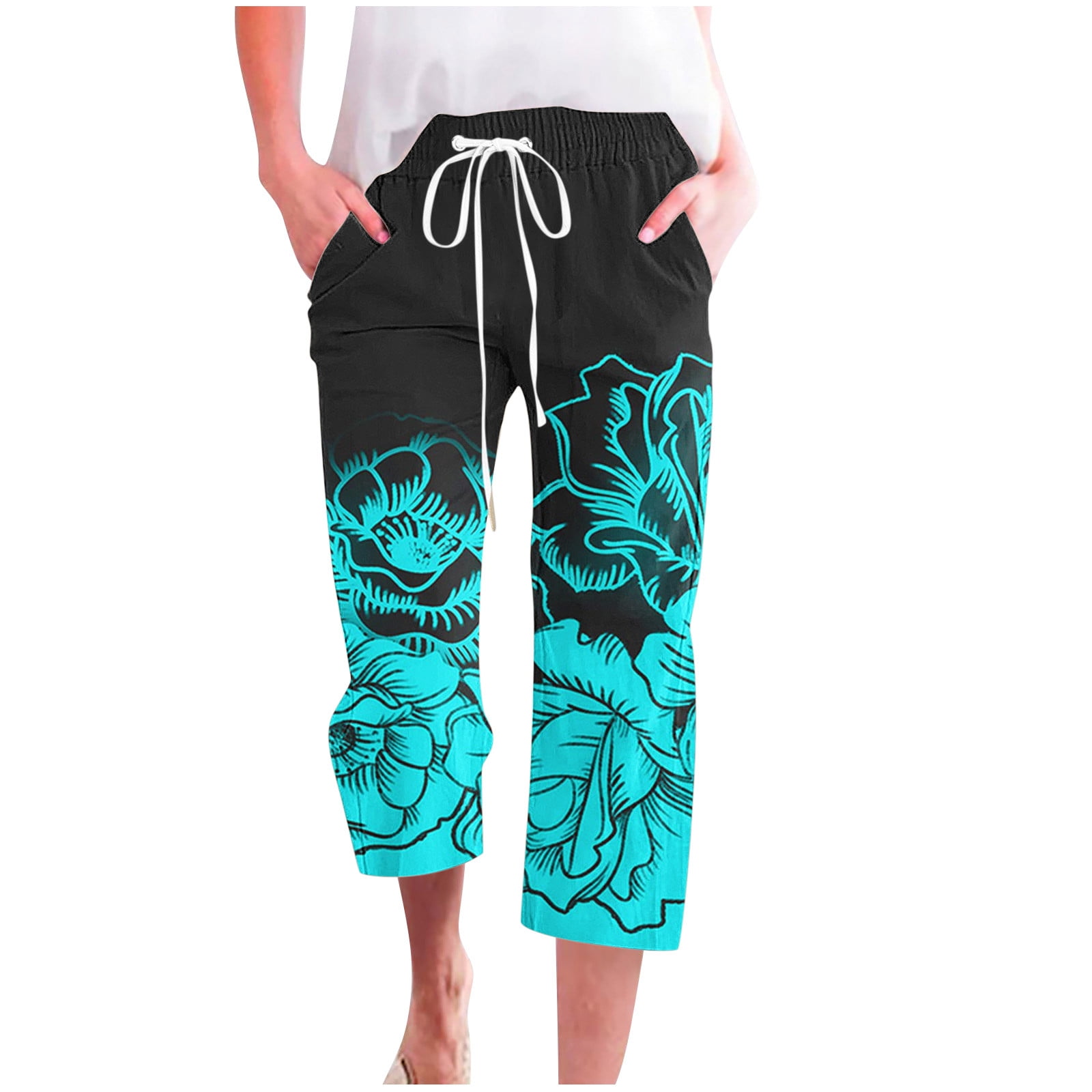 Women Capri Linen Cropped Trousers Hawaiian Beach Pants with Pocket ...