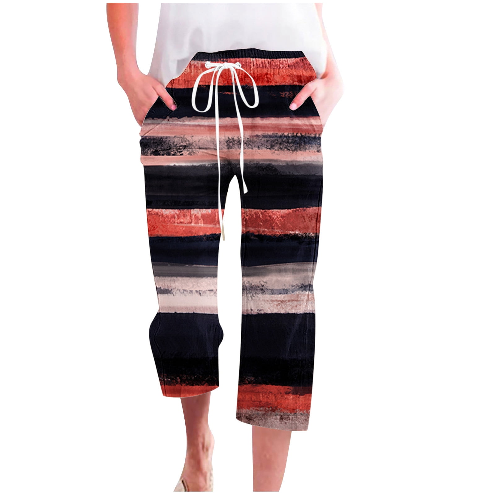 Women Capri Linen Cropped Trousers Hawaiian Beach Pants with Pocket ...