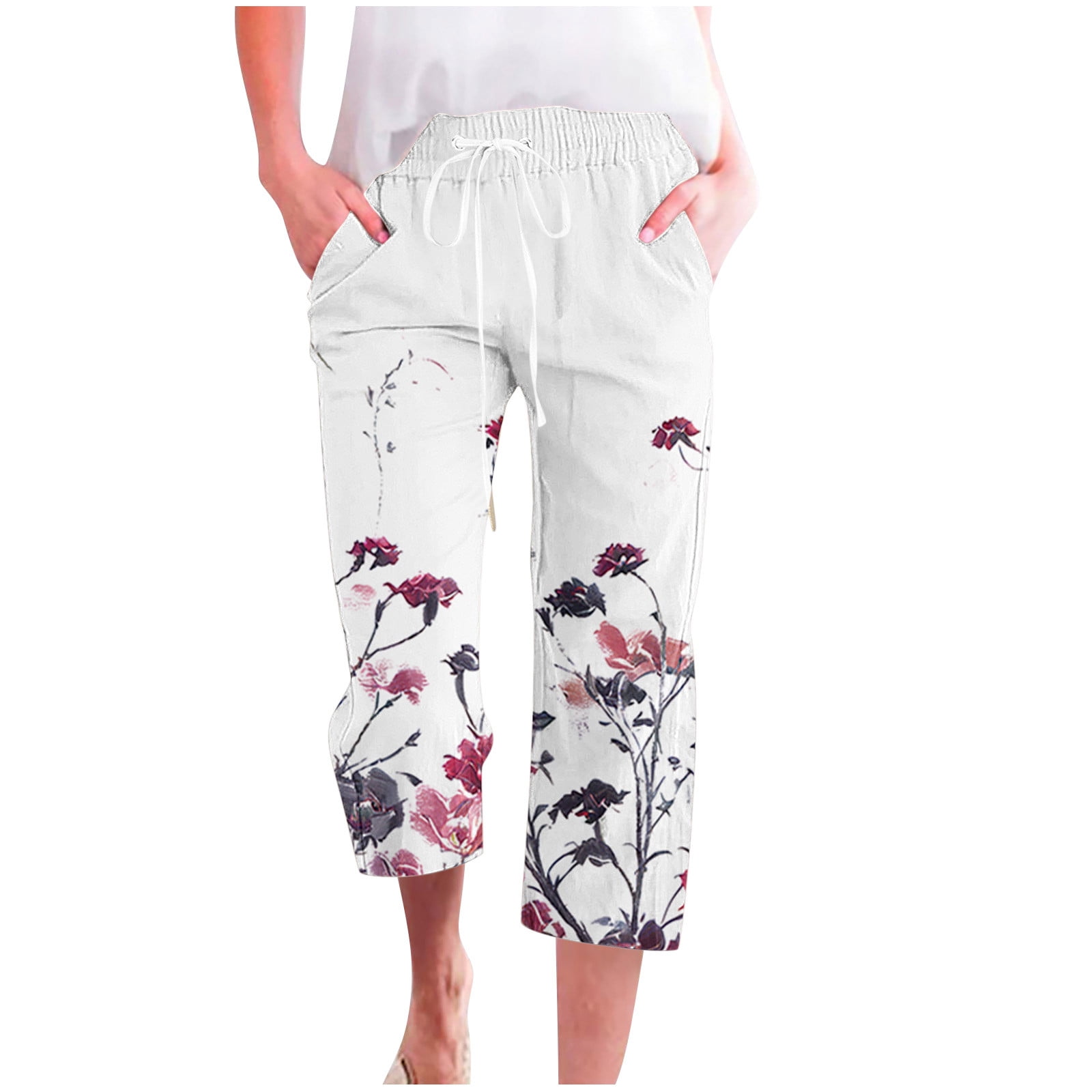 Women Capri Linen Cropped Trousers Hawaiian Beach Pants with Pocket ...