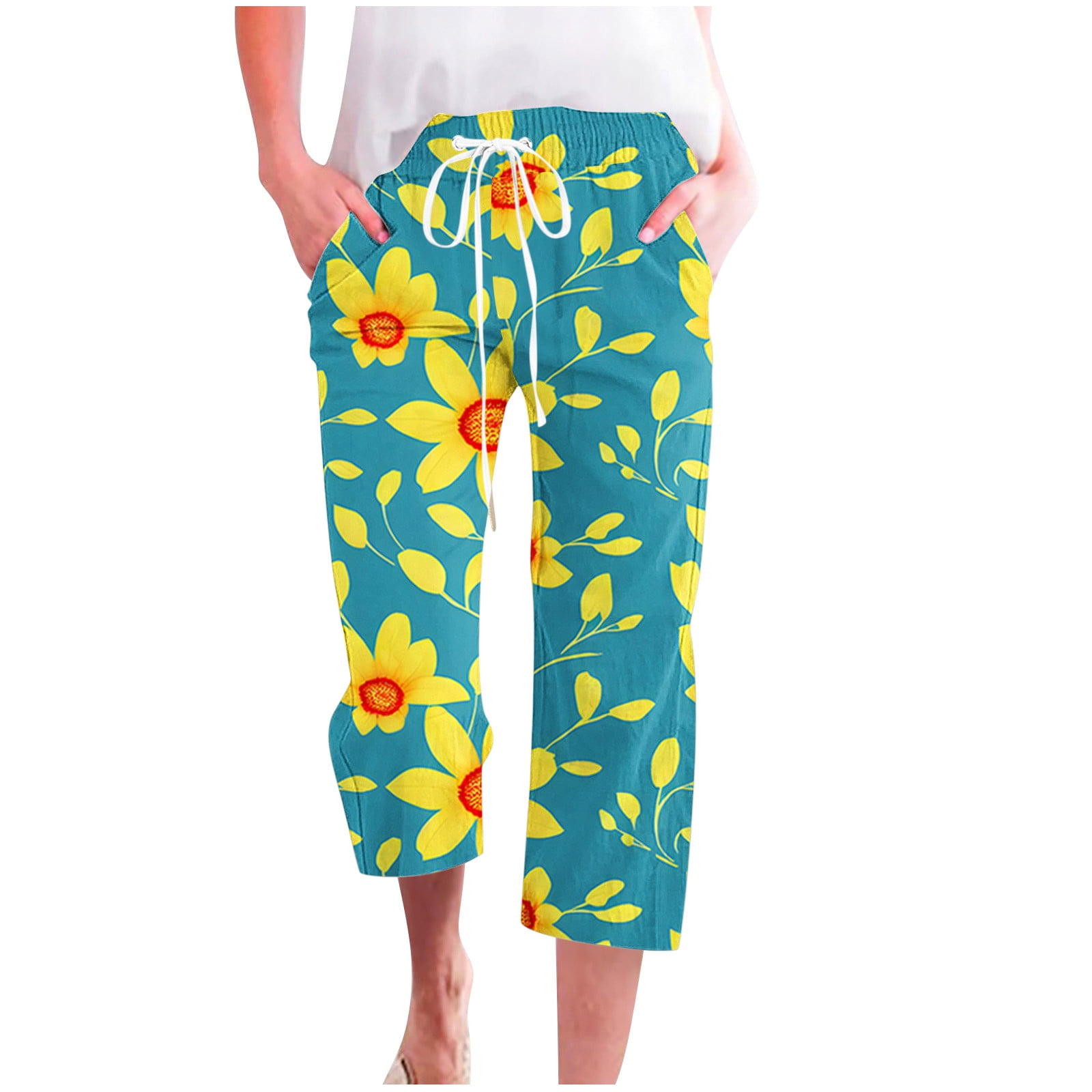 Women Capri Linen Cropped Trousers Hawaiian Beach Pants with Pocket ...